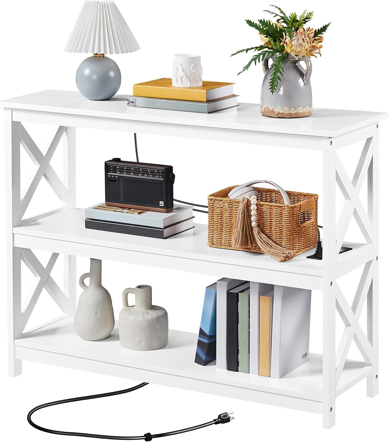 Entryway Table with Storage Shelves, Console Table with Power Outlets ...