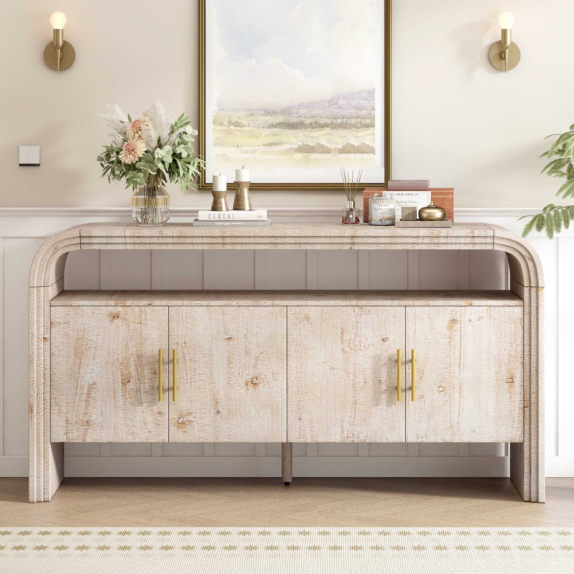 Entryway Table, Treated Fir Veneer Console Table with Cabinets And Open ...