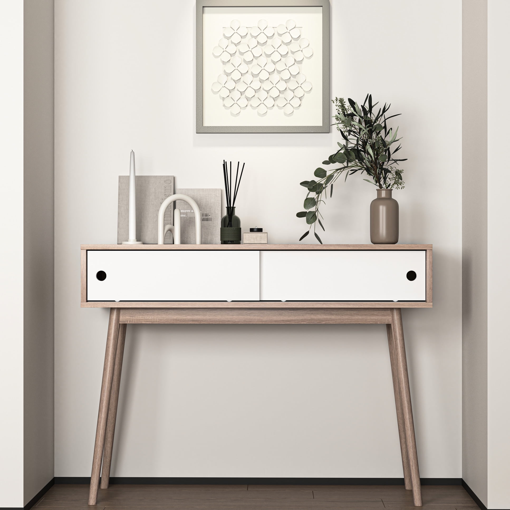 Entryway Table With 2 Sliding Door Sections. Natural Color ...