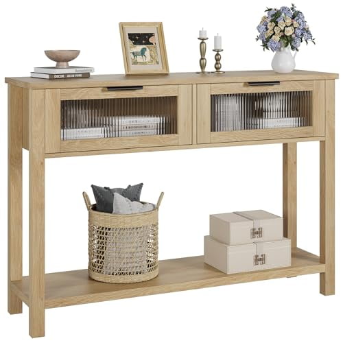 Entryway Table, Wood Console Table with 2 Glass Drawers, 2 Tier Sofa ...