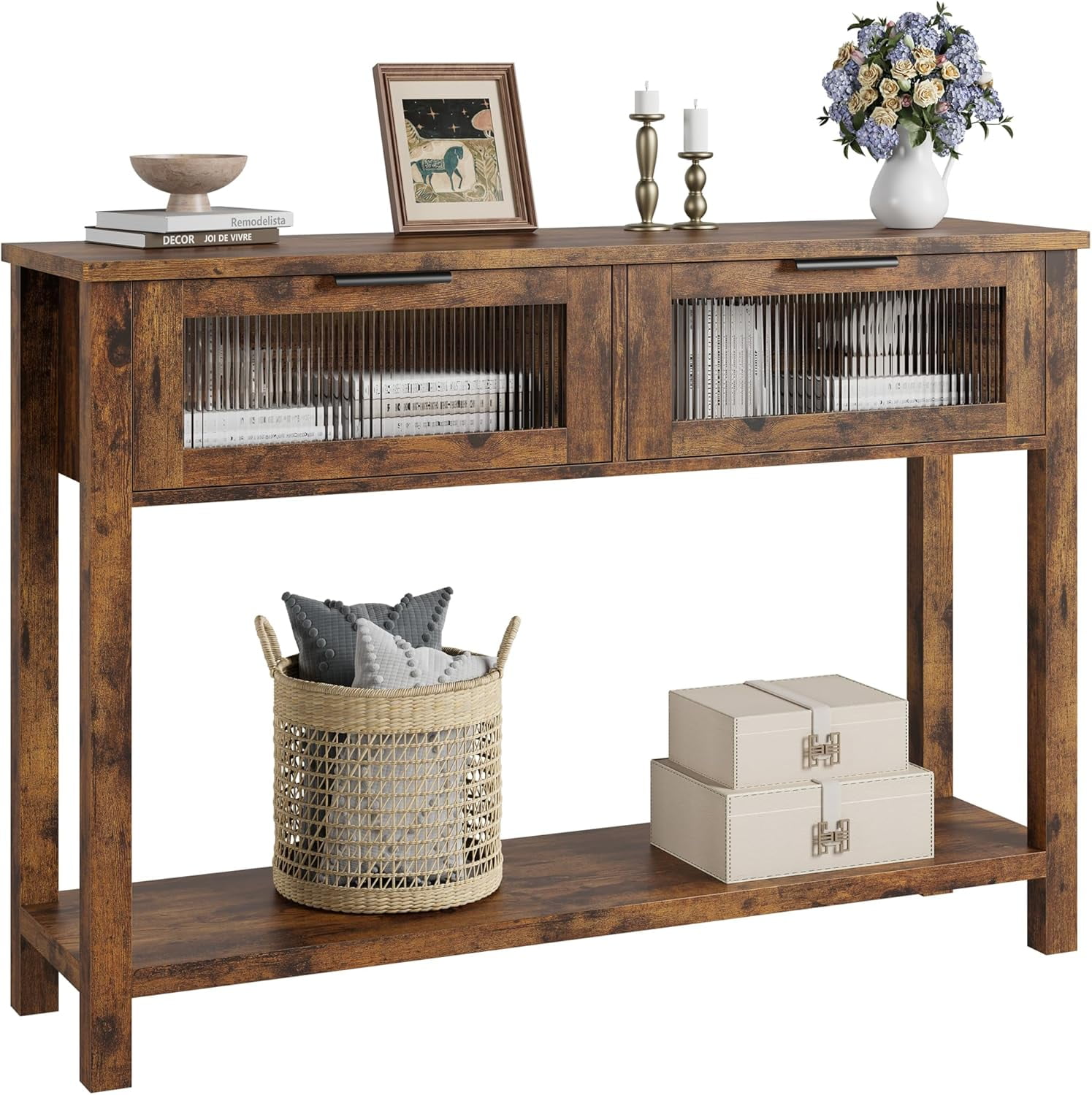 Entryway Table, Wood Console Table with 2 Glass Drawers, 2 Tier Sofa ...