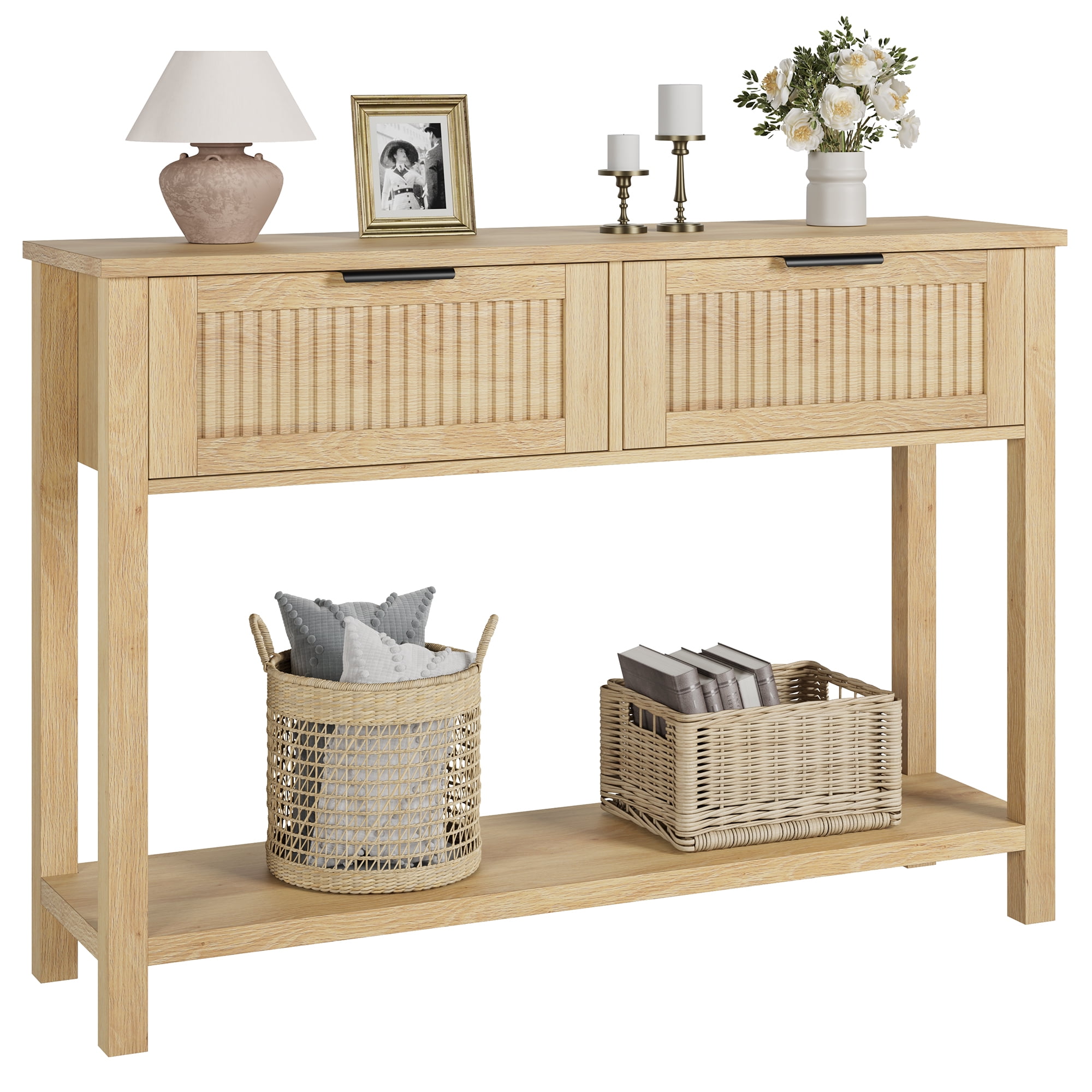 Entryway Table, Wood Console Table with 2 Glass Drawers, 2 Tier Sofa ...