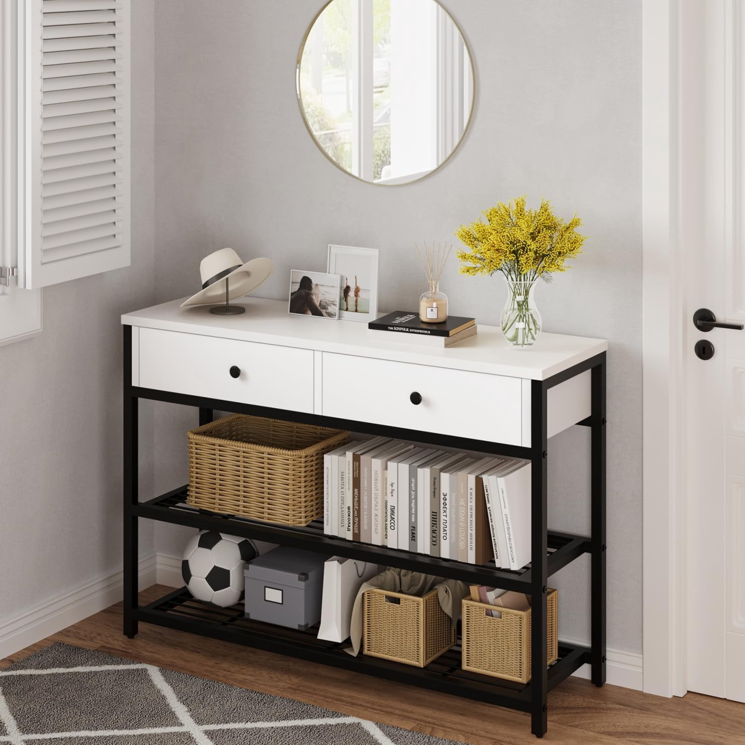 Entryway Table with 2 Drawers & 2-Tier Storage Shelves, Sofa Table with ...