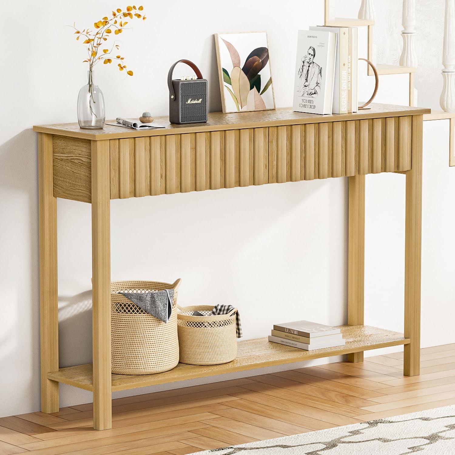 Entryway Table with 2 Fluted Drawers and Shelf, 47.2" Wood Sofa Table ...