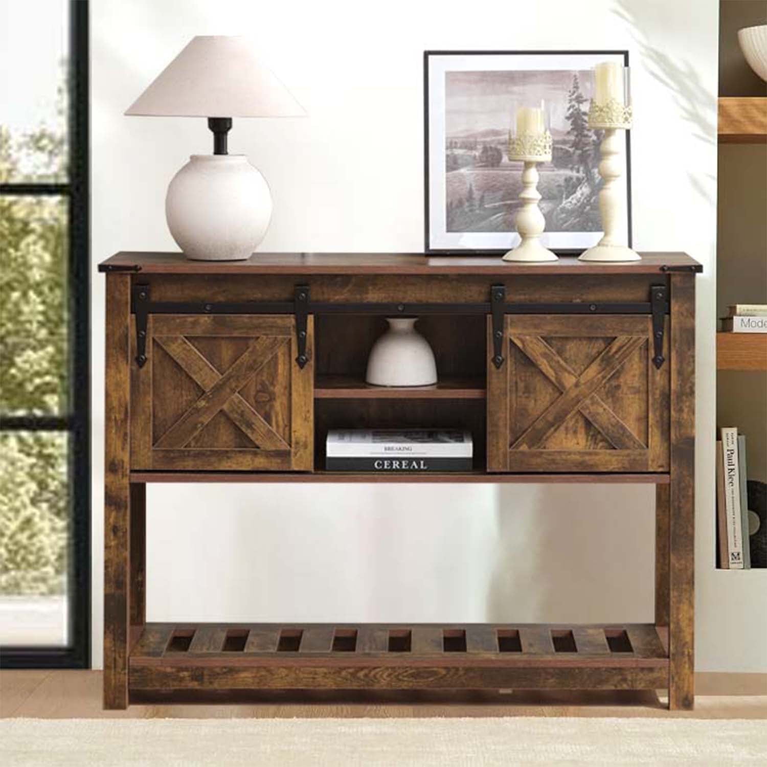 Entryway Console Table with Sliding Barn Doors & Storage Shelf for ...