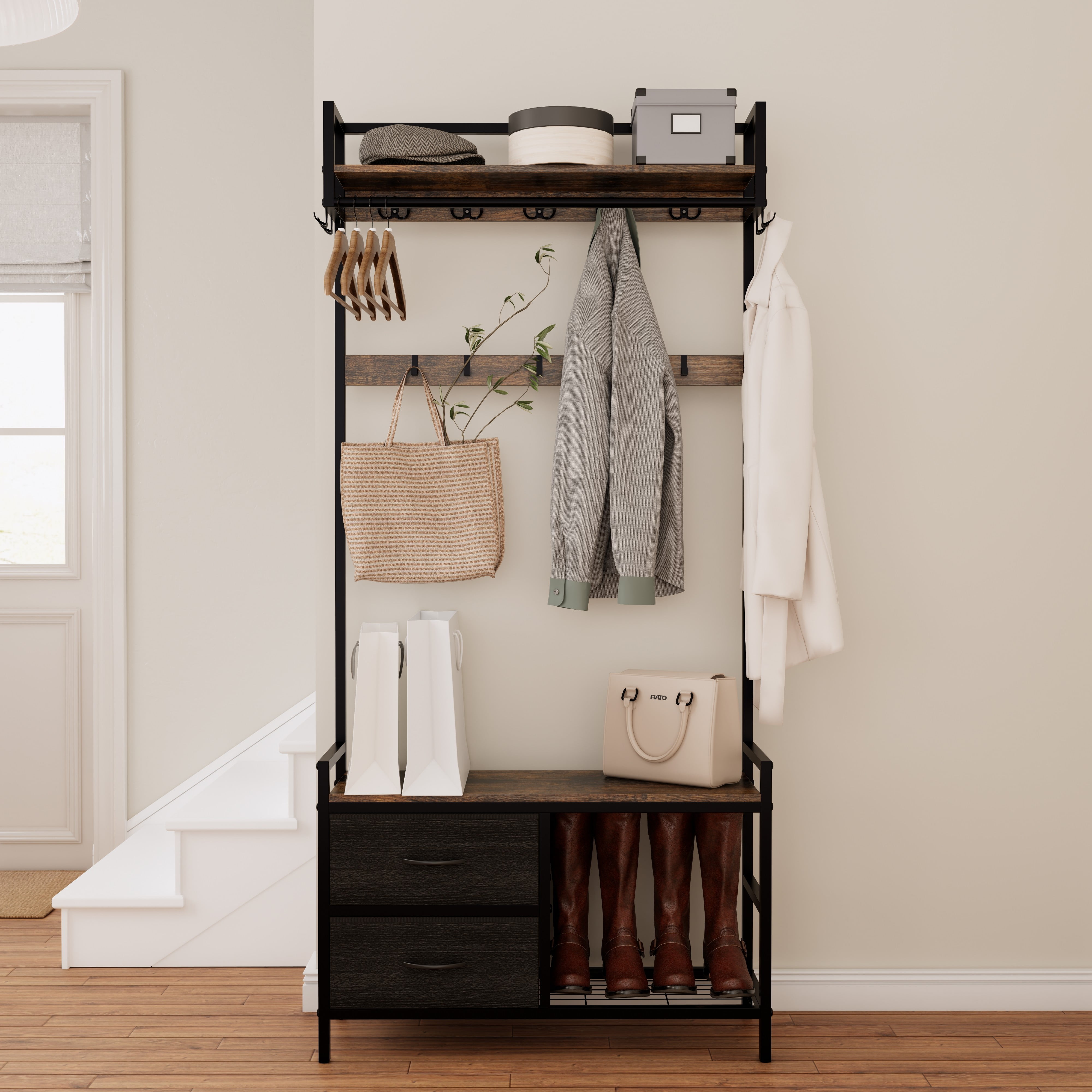 Entryway Wide Hall Tree with 2 Movable Drawers, Shoe Storage, Shelves ...