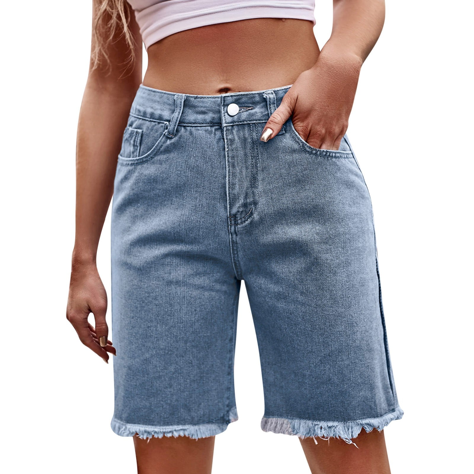 Entyinea Fashion Plus Size Denim Shorts Women Women's Raw Hem High ...
