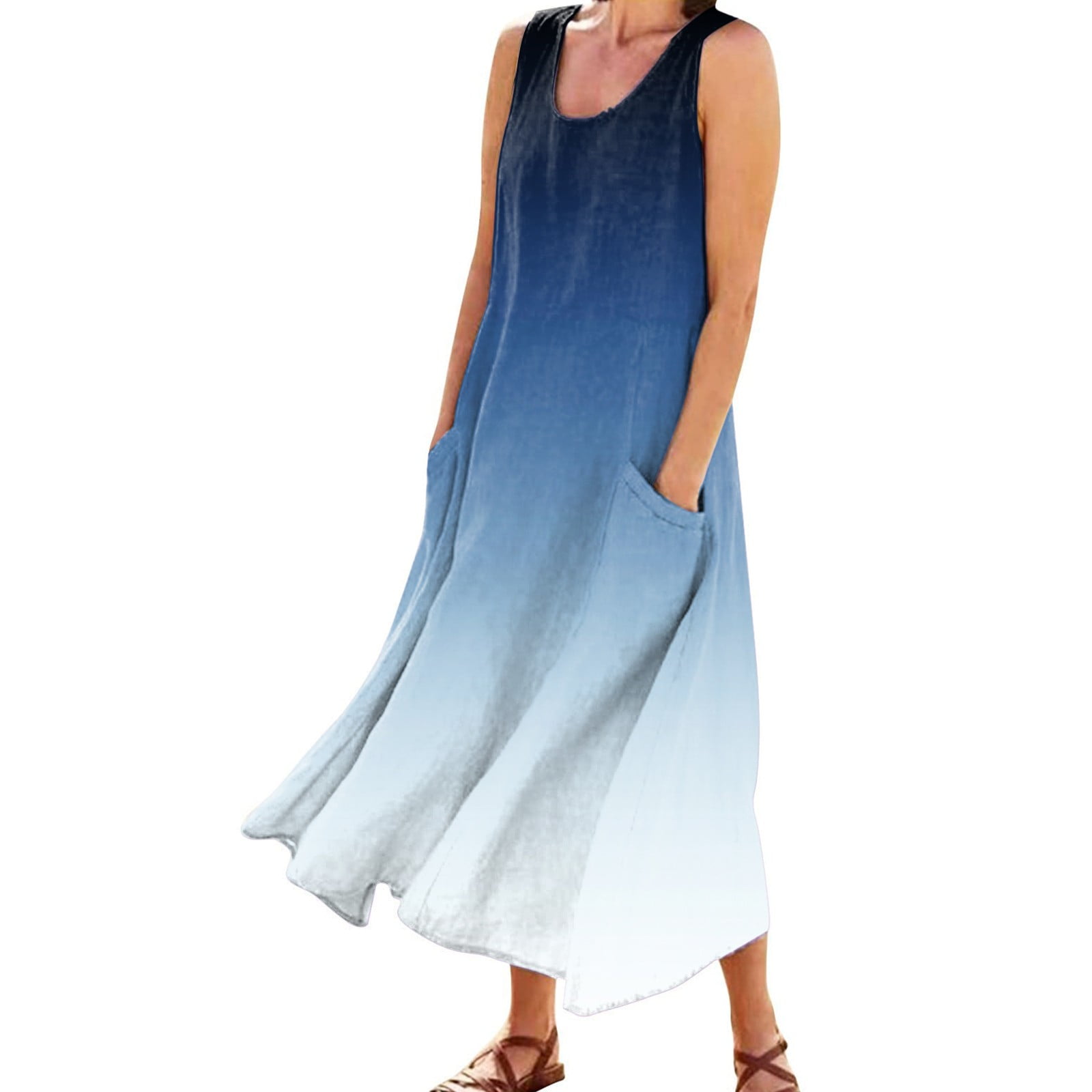 Entyinea Flowy Dresses For Women Casual Sleeveless Crew Neck Ruffle A