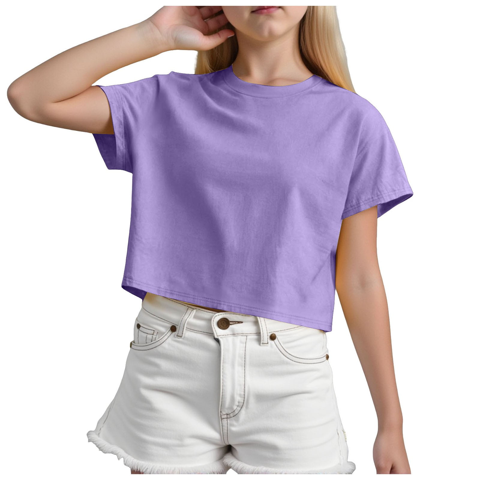 Entyinea Girls Crop Tops Short Sleeve Solid Color Summer T Shirt ...