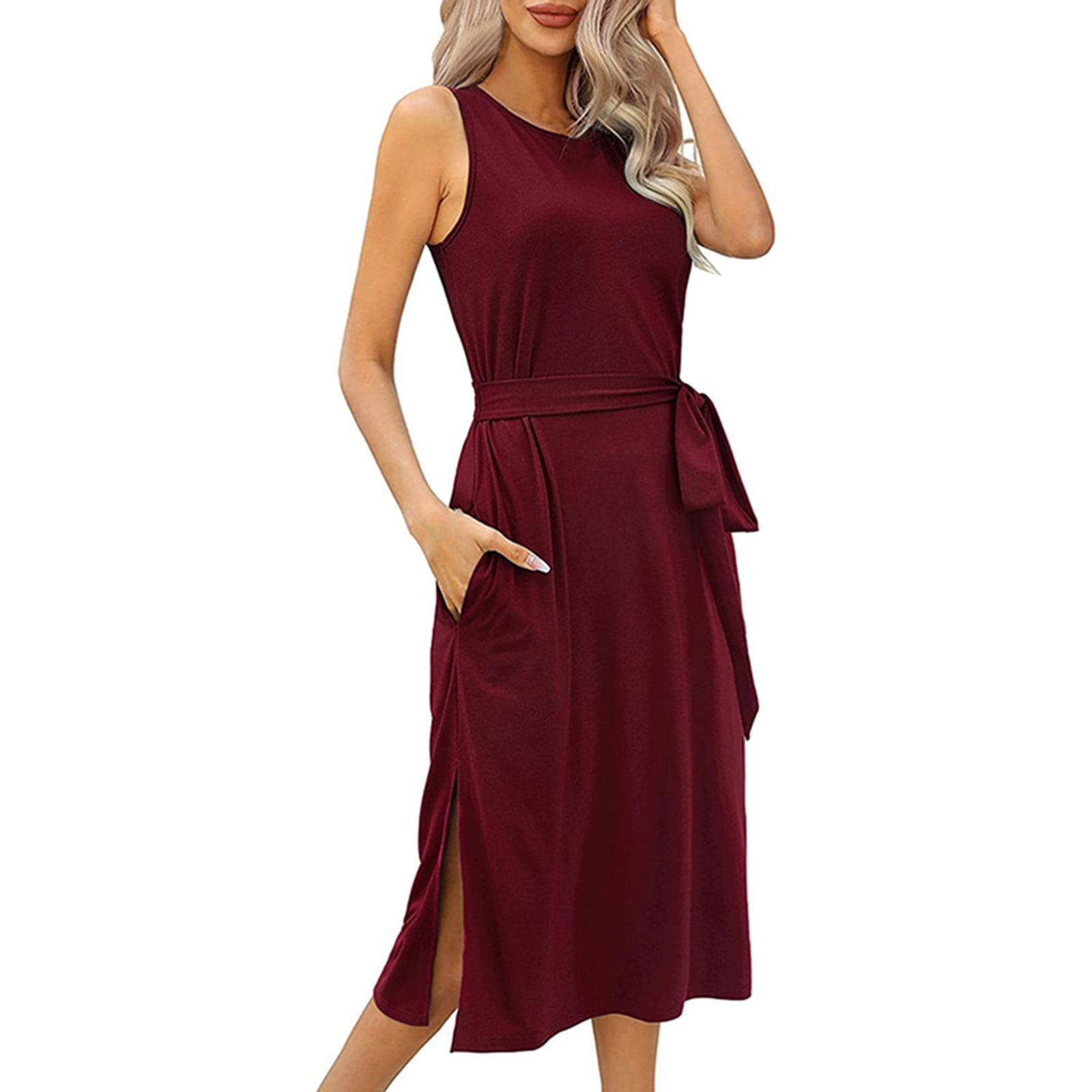 Entyinea Maxi Dress For Women Casual Sleeveless V Neck Pleated A Line