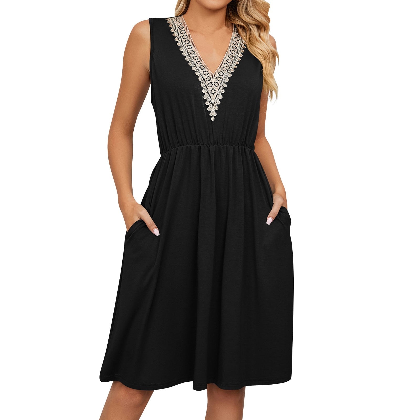 Entyinea Plus Size Spring Summer Dresses Sleeveless V Neck Maxi Dress