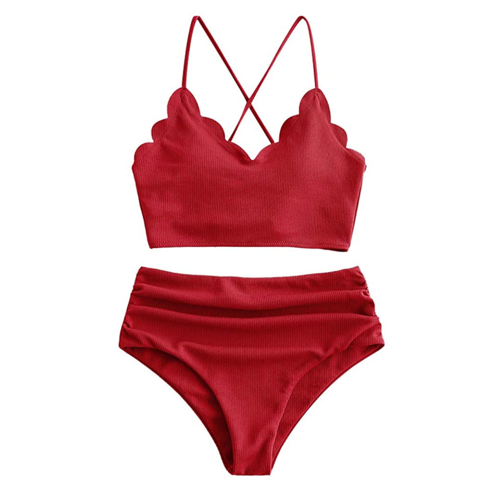 Entyinea Swimsuit Women Two Piece Triangle Bikini Set Solid Swimsuit Cute Bathing Suit Red M