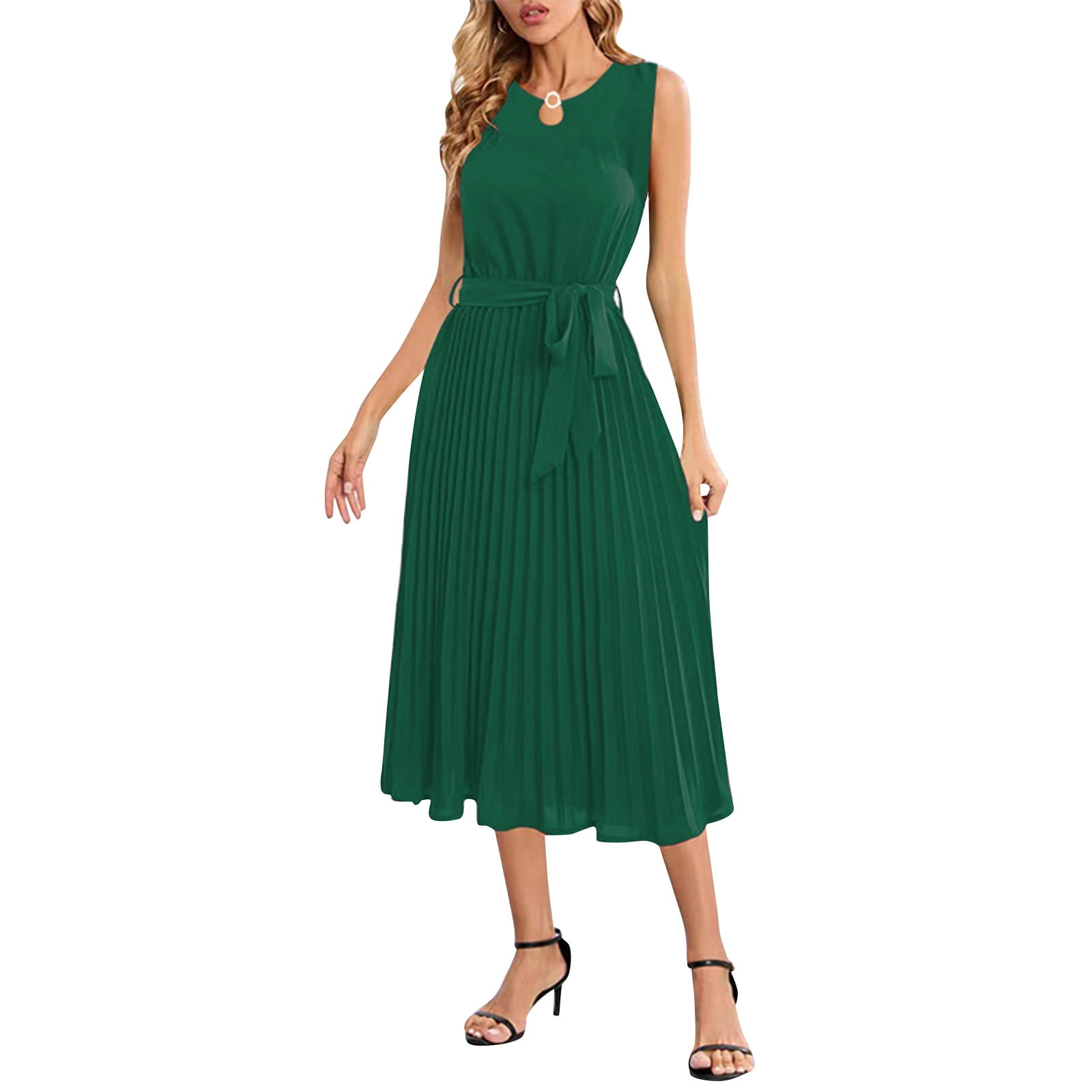 Entyinea Women Dresses Casual V Neck Sleeveless Maxi Dress Belted Long