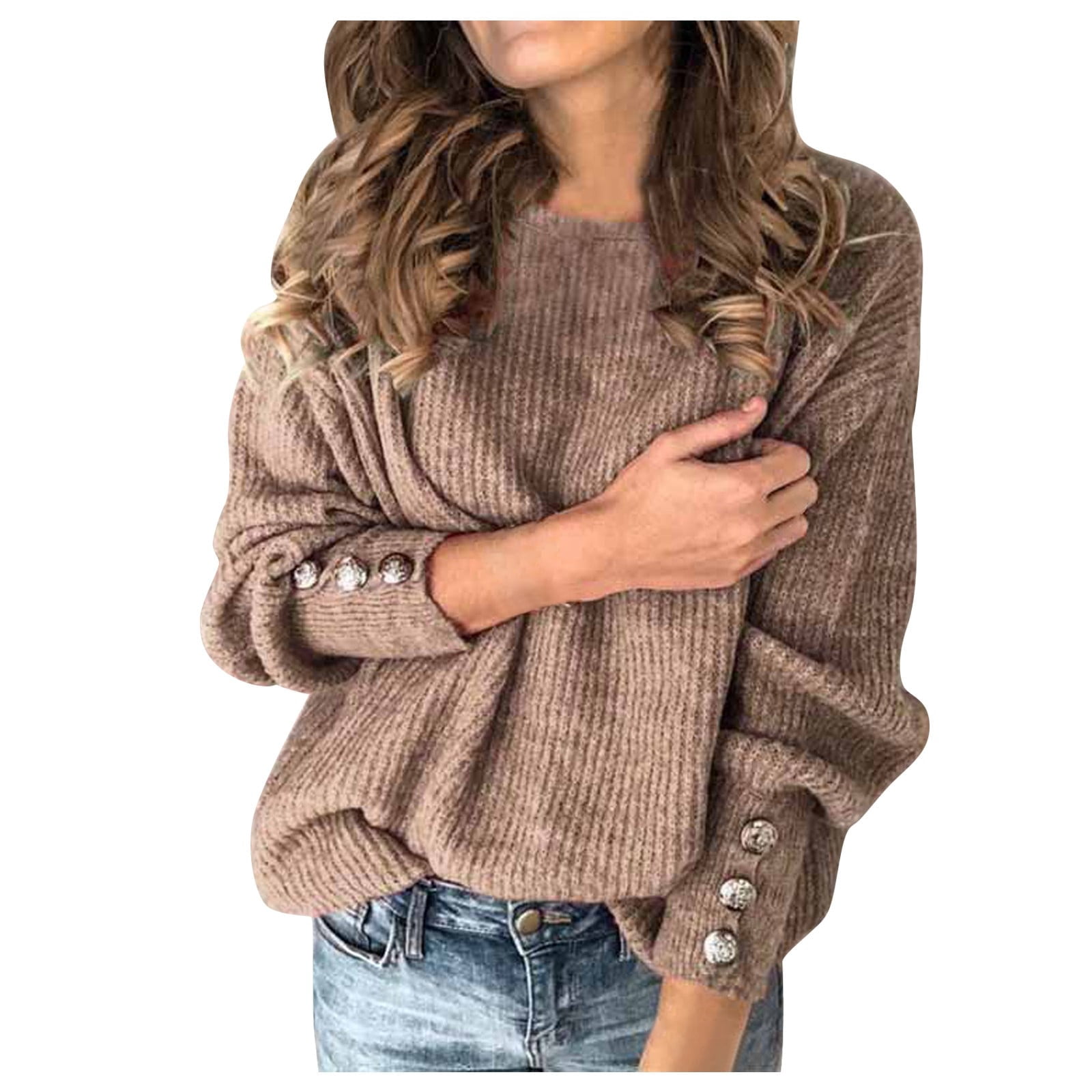 Entyinea Sweater Women Soft Crewneck Long Sleeve Hollow Cable Knit ...