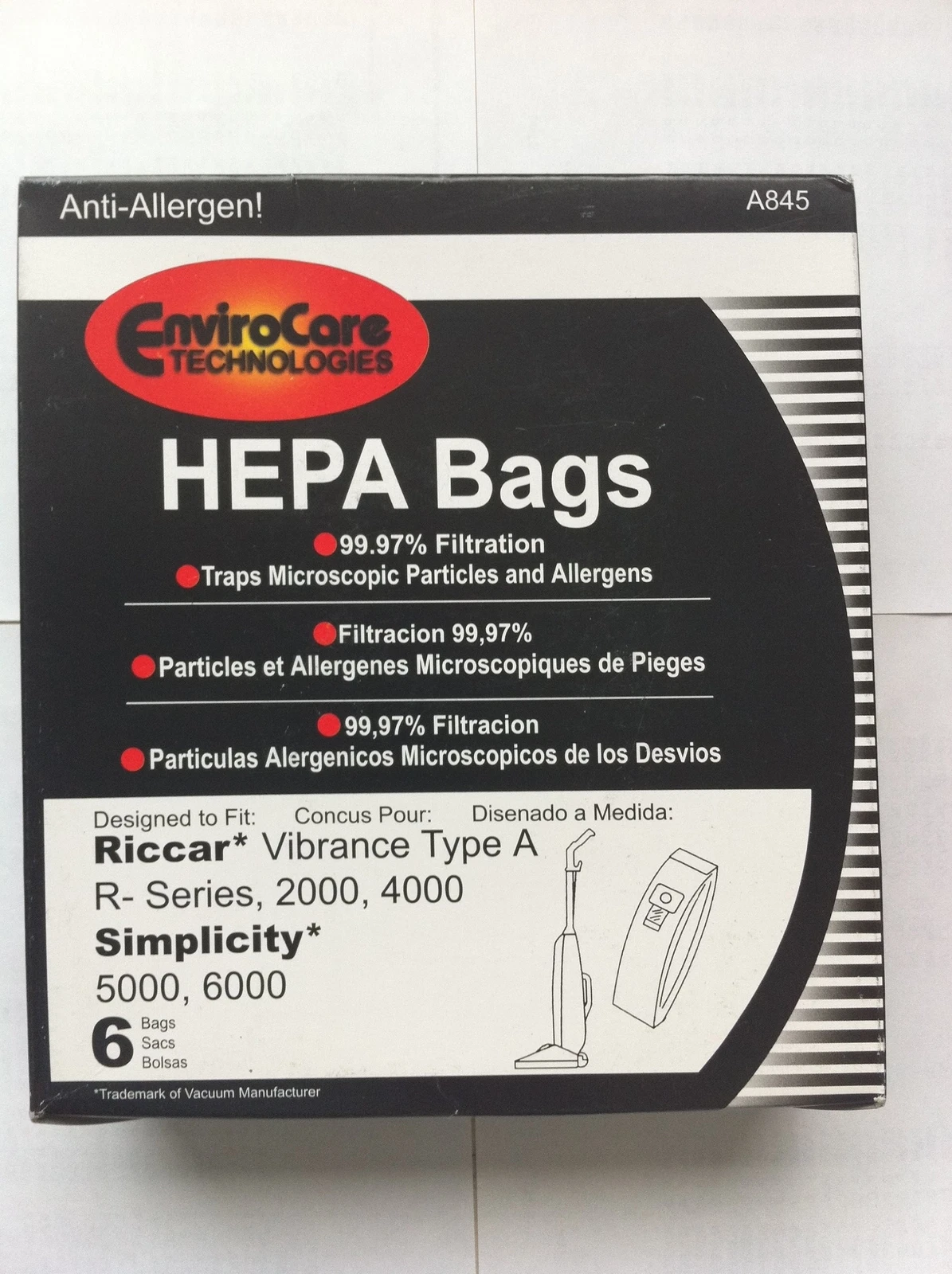 Envirocare Technologies Hepa Bags Riccar Vibrance Type A R-Series, 2000 ...