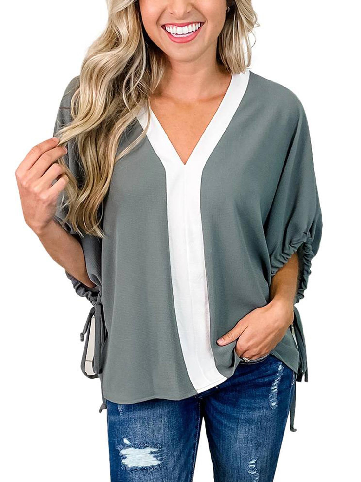 Enwejyy Elegant Solid Color Draw String Half Sleeve V-Neck Woven Womens ...
