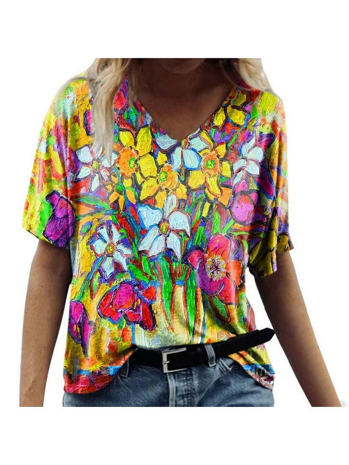 Enwejyy Women Casual Floral Print V Neck Short Sleeve Loose Blouse T