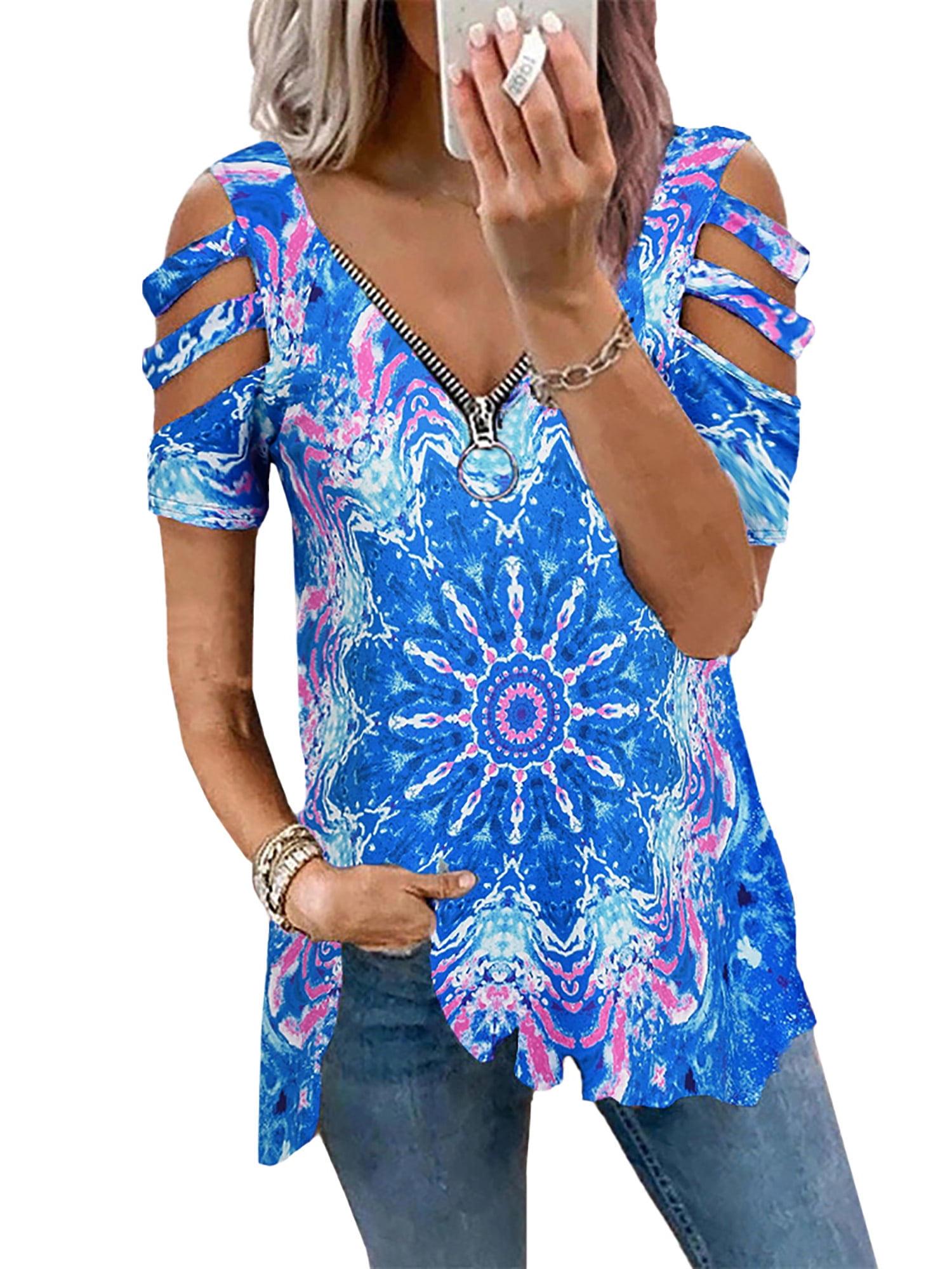 Enwejyy Women Floral Print Top Hollow Open Shoulder V-Neck Blouse ...