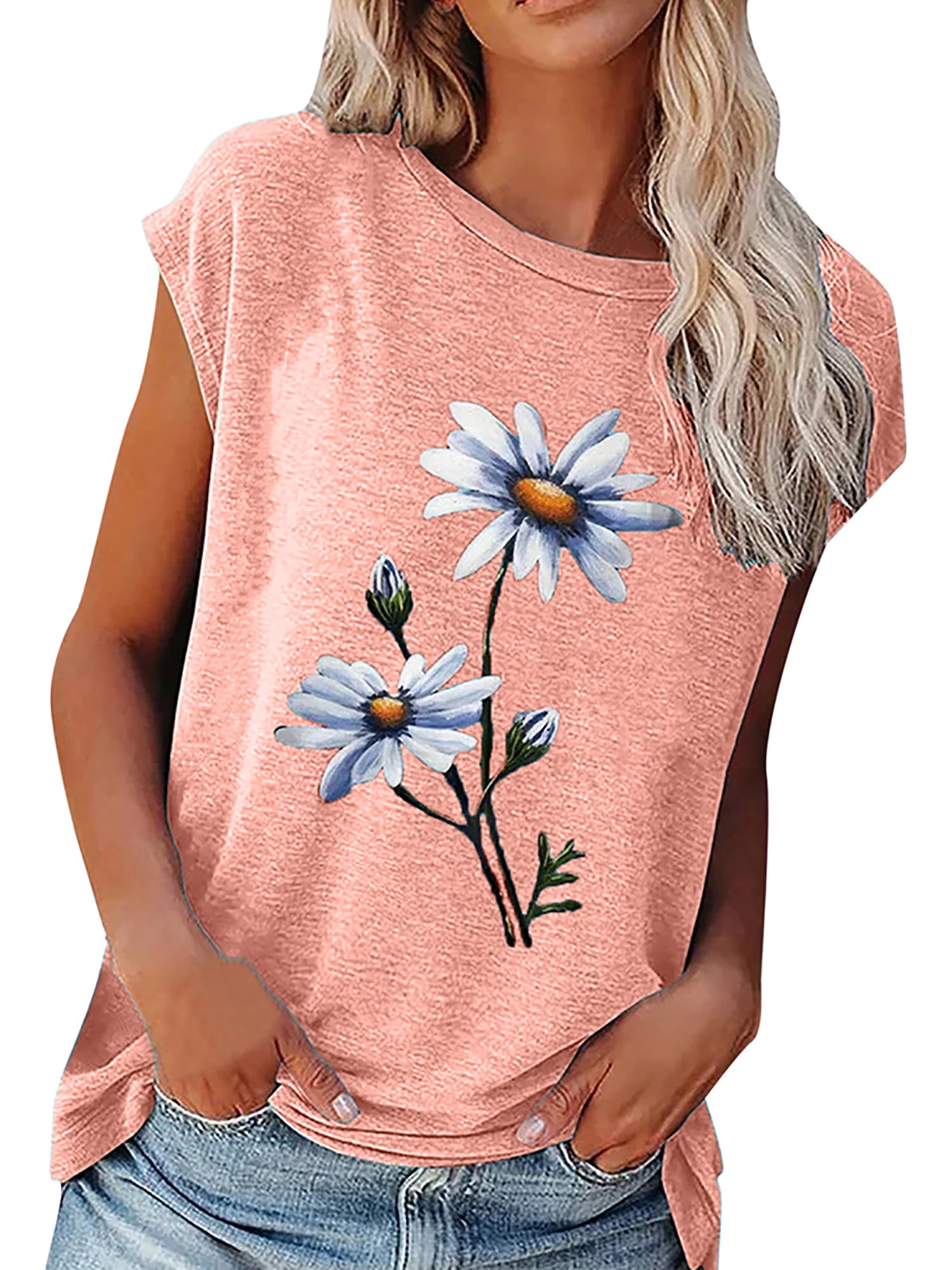 Enwejyy Women Short Sleeve Summer T-shirt Plant And Flower Print Round ...