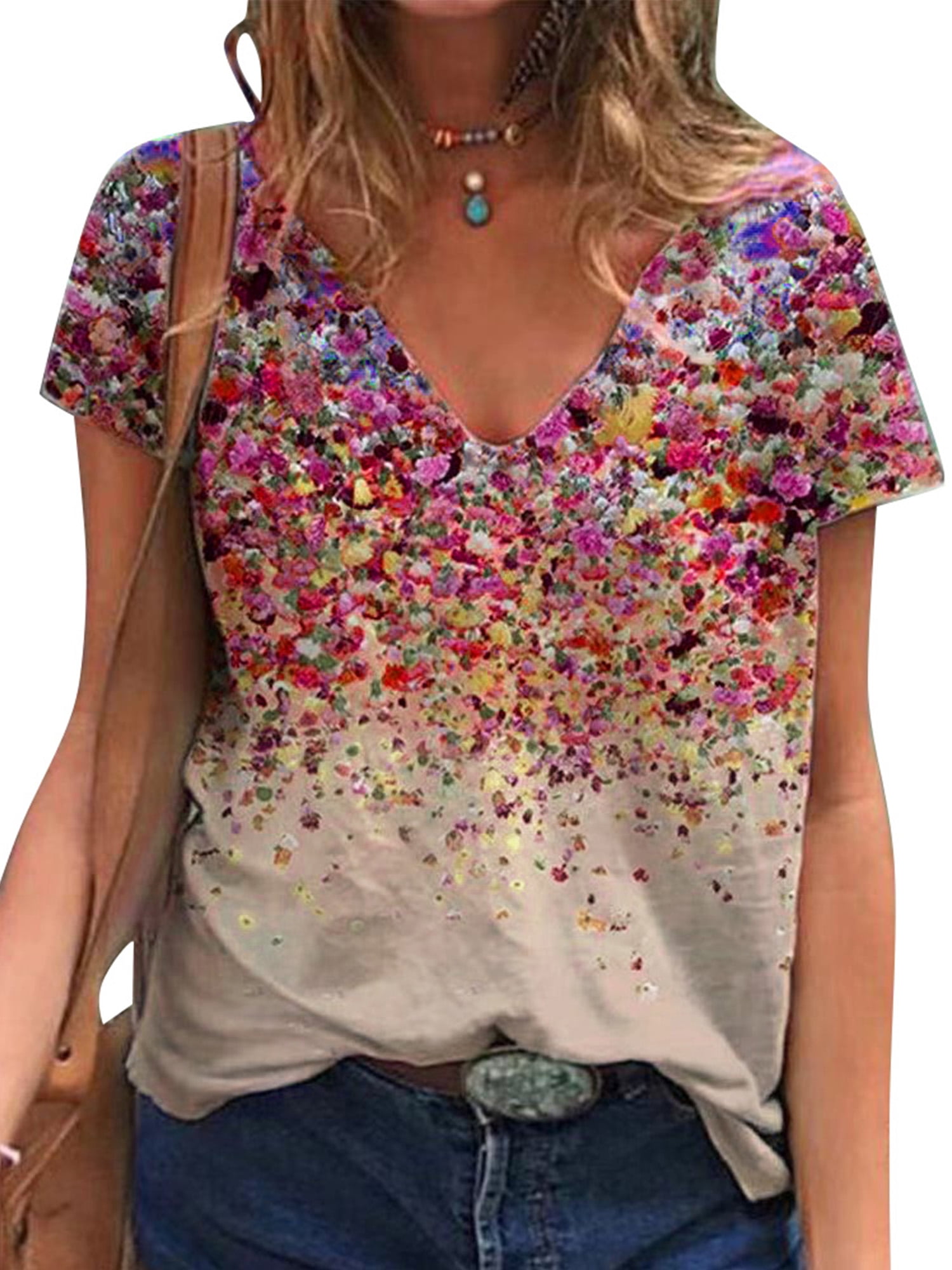 Enwejyy Women Summer Floral Print Short Sleeve Casual Top T Shirt