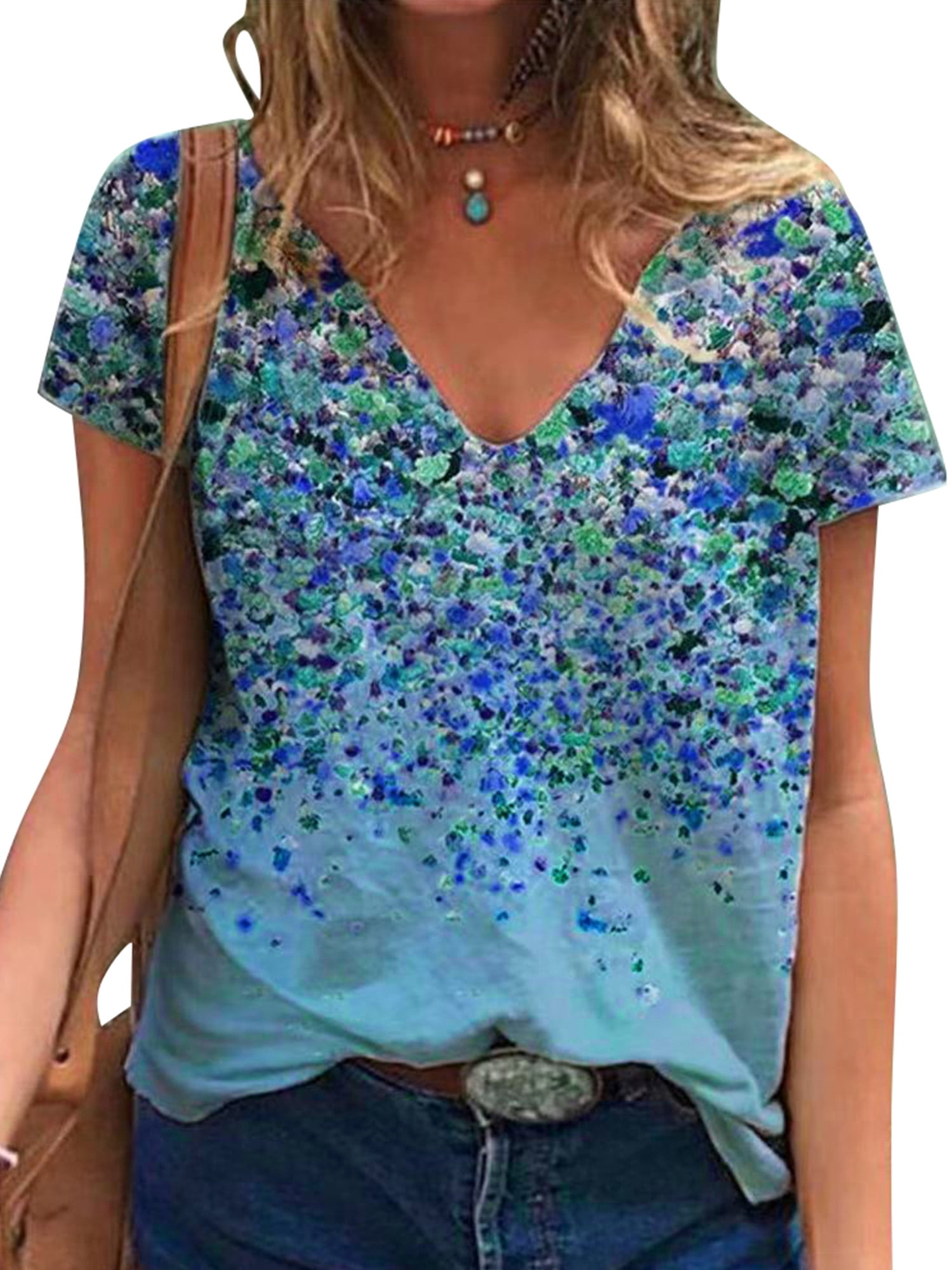 Enwejyy Women Summer Floral Print Short Sleeve Casual Top T Shirt