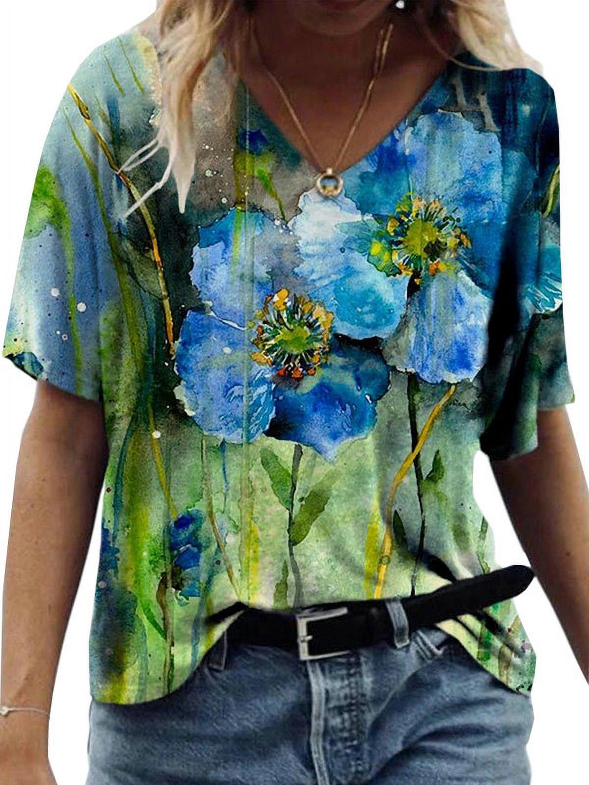 Enwejyy Women Sundress Casual Floral Print V-Neck Short Sleeve Loose ...