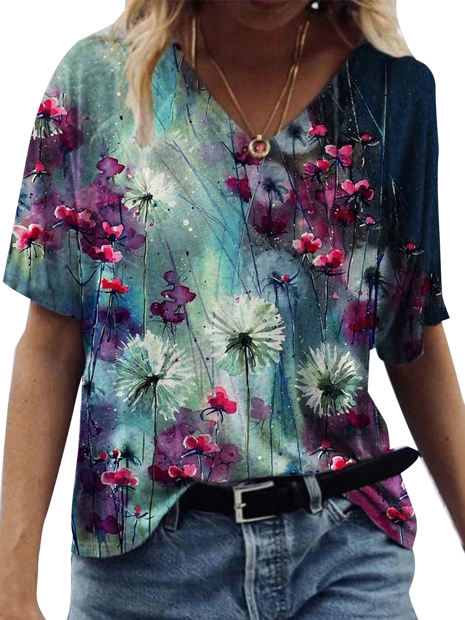 Enwejyy Women Sundress Casual Floral Print V-Neck Short Sleeve Loose ...