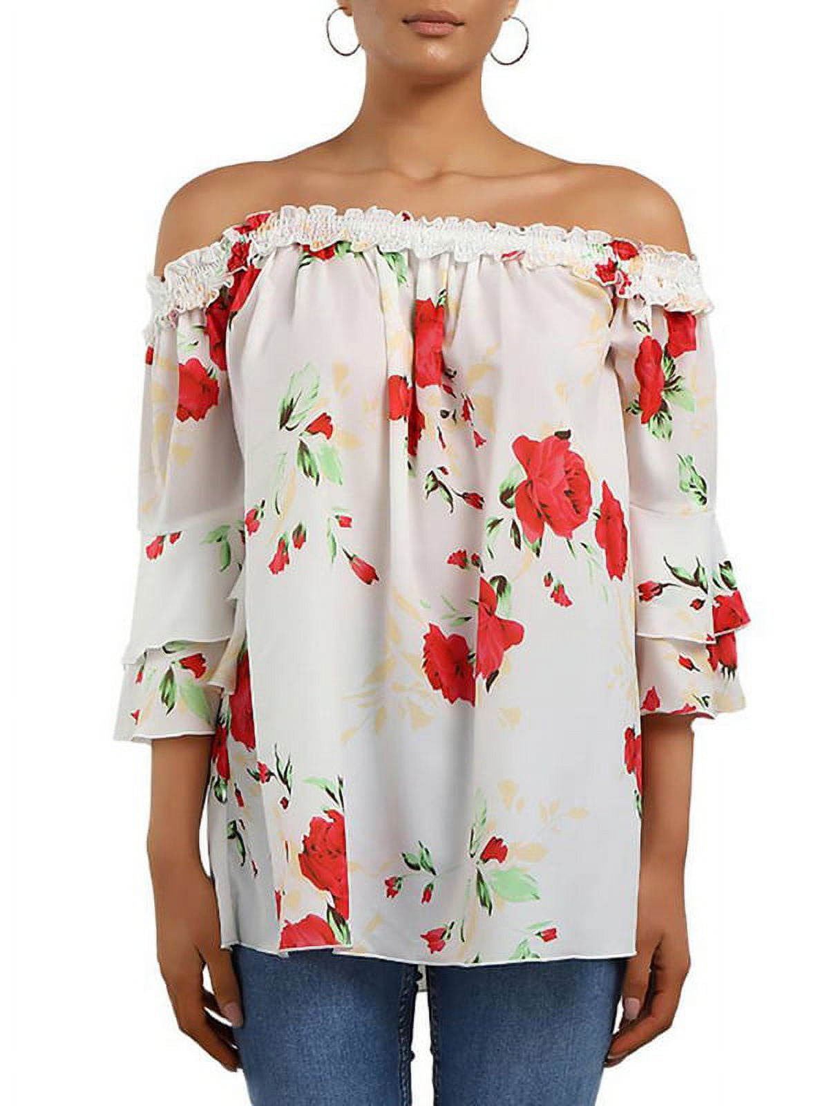Enwejyy Womens Casual Tops Summer Off The Shoulder Floral Print Ruffle ...