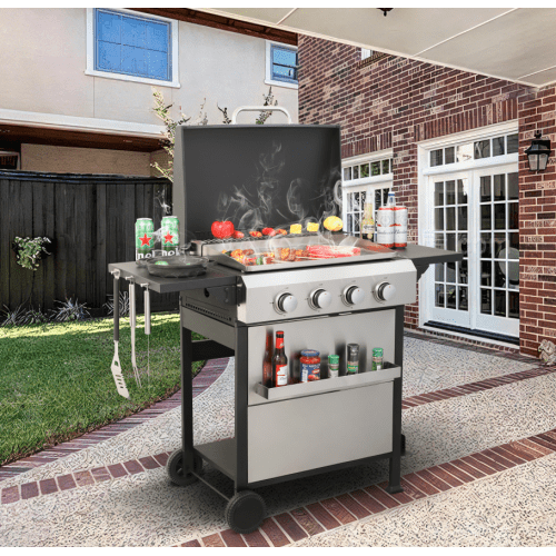 Enyopro 4-Burner Propane Gas BBQ Grill, SS Plancha, 49200BTU Output ...