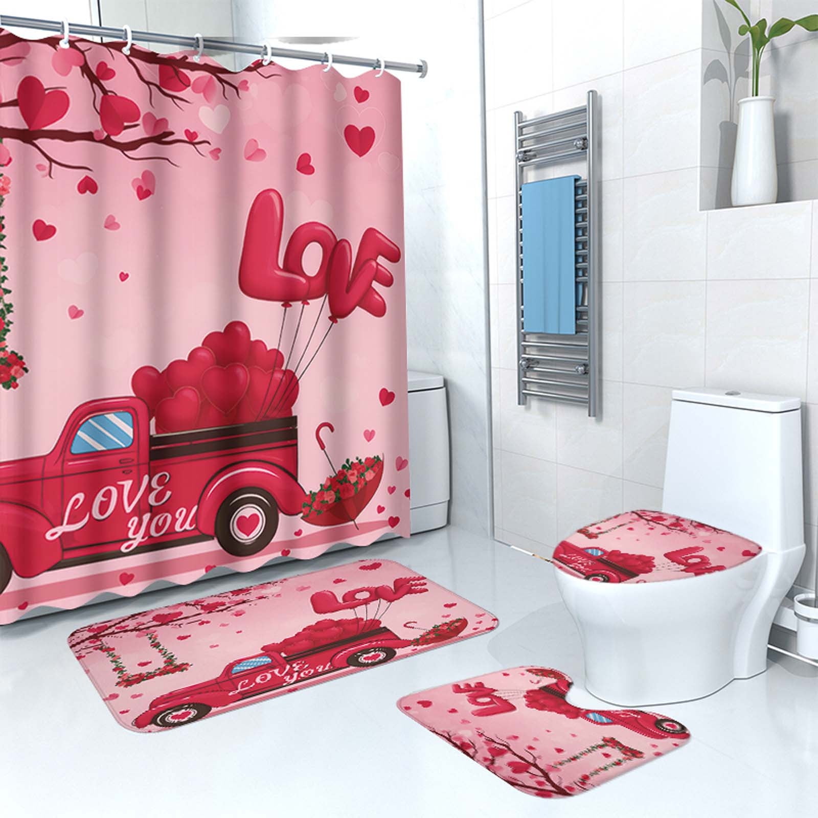 Eolstice Heart Shower Curtain Floor Mat Set, Valentine's Day Four Piece ...