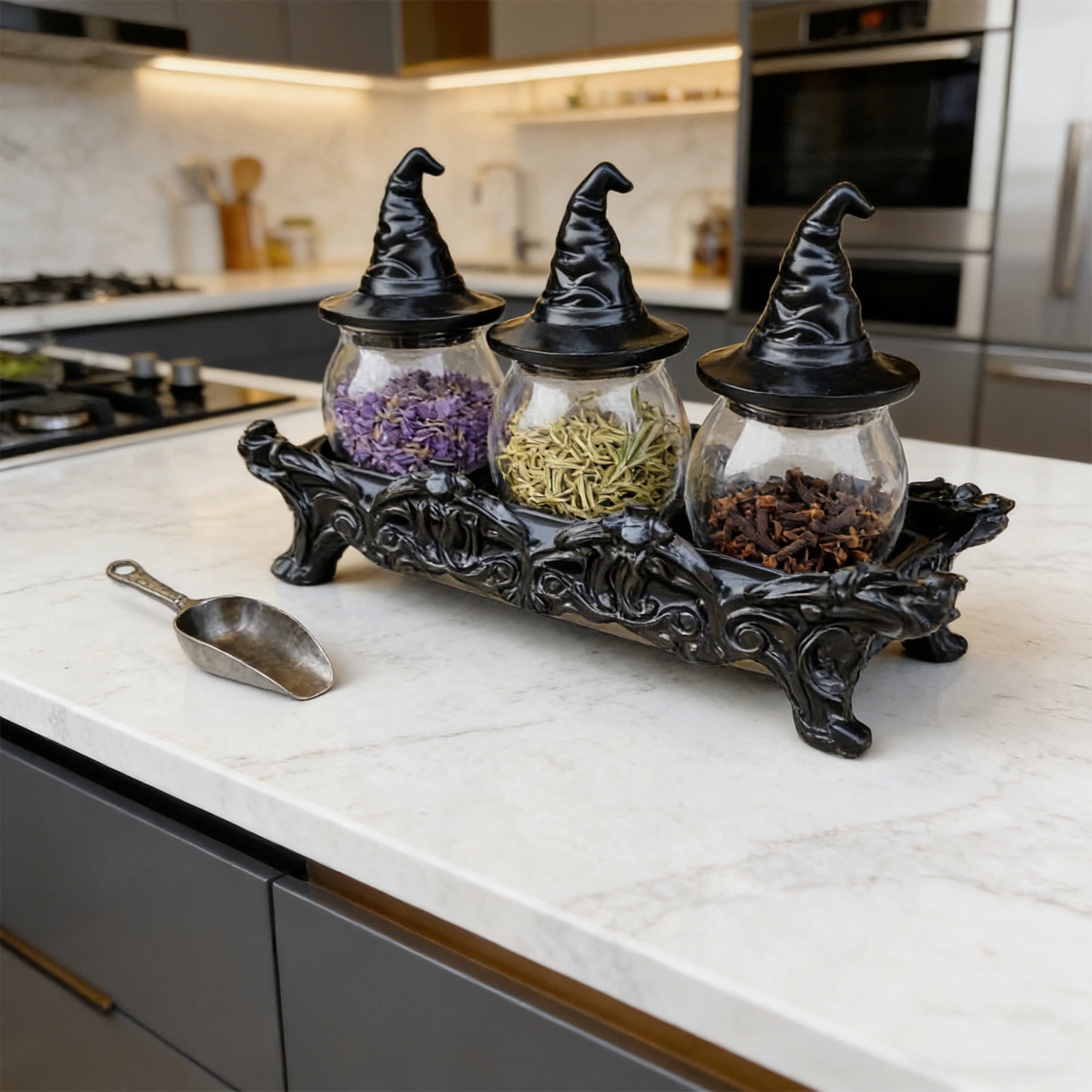 Eolstice Witch Spice Jar Set, Gothic Style Iron Base Glass Containers ...