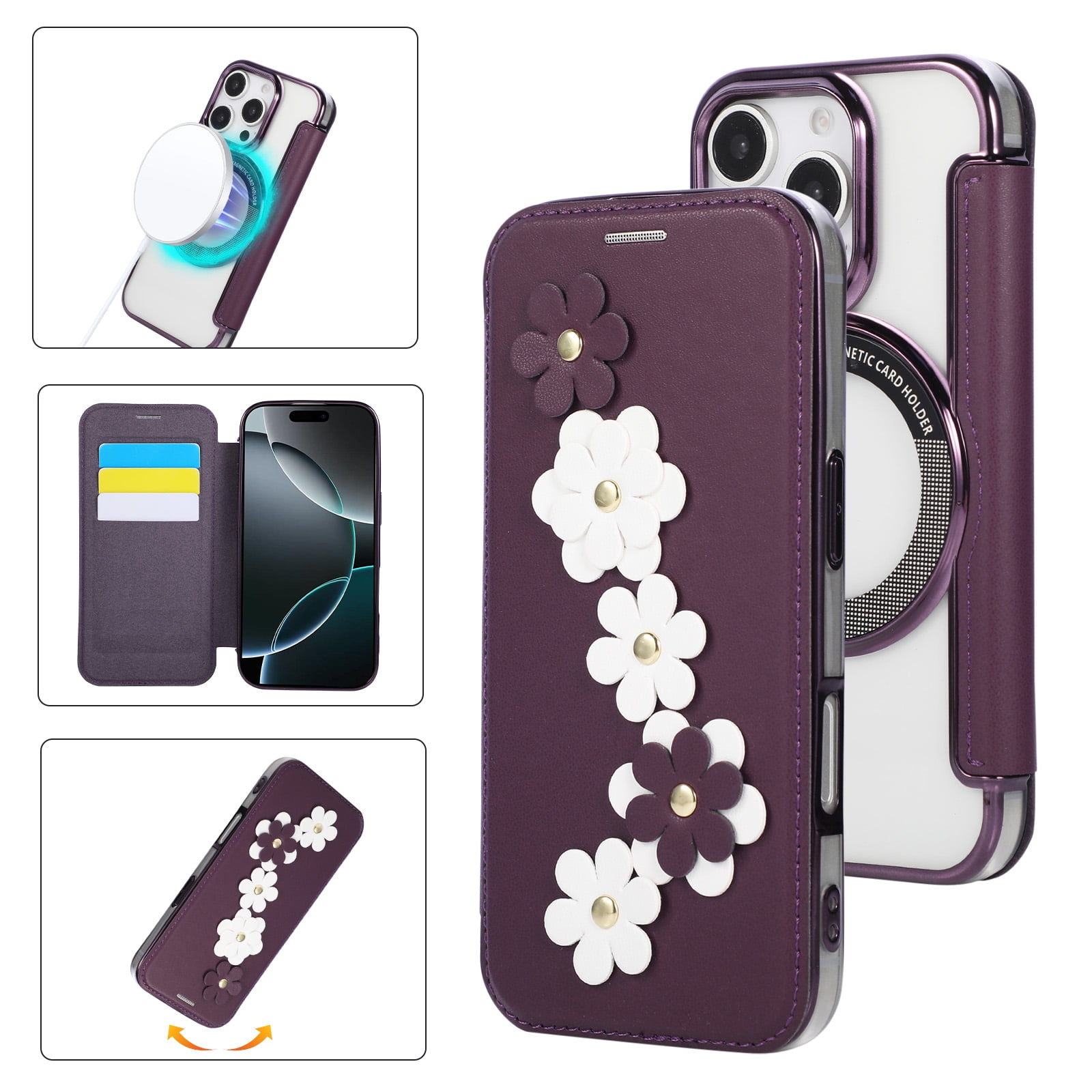 Eombossed Floral Flip Case for iPhone 15 Pro, Case Wallet PU Leather ...