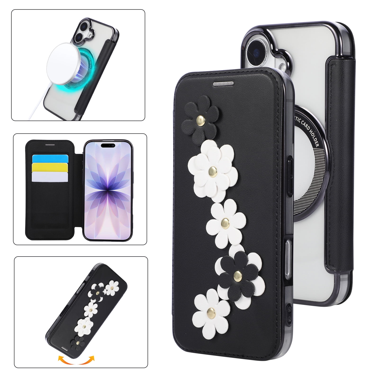 Eombossed Floral Flip Case for iPhone 17, Case Wallet PU Leather with ...
