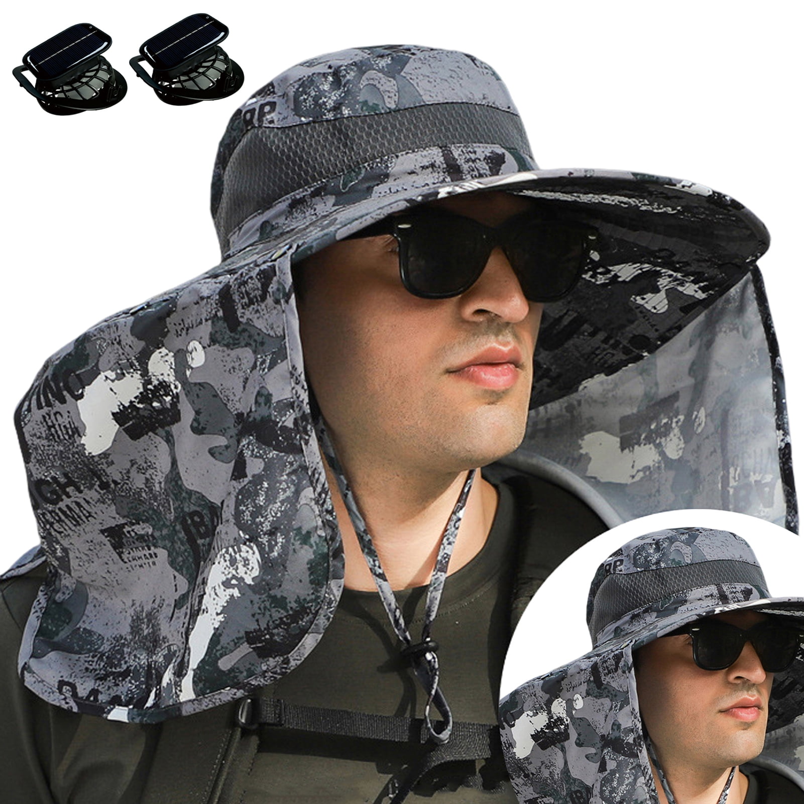 Eonox Solar Fan Hat with Neck Flap USB Rechargeable UV Protection Dual ...