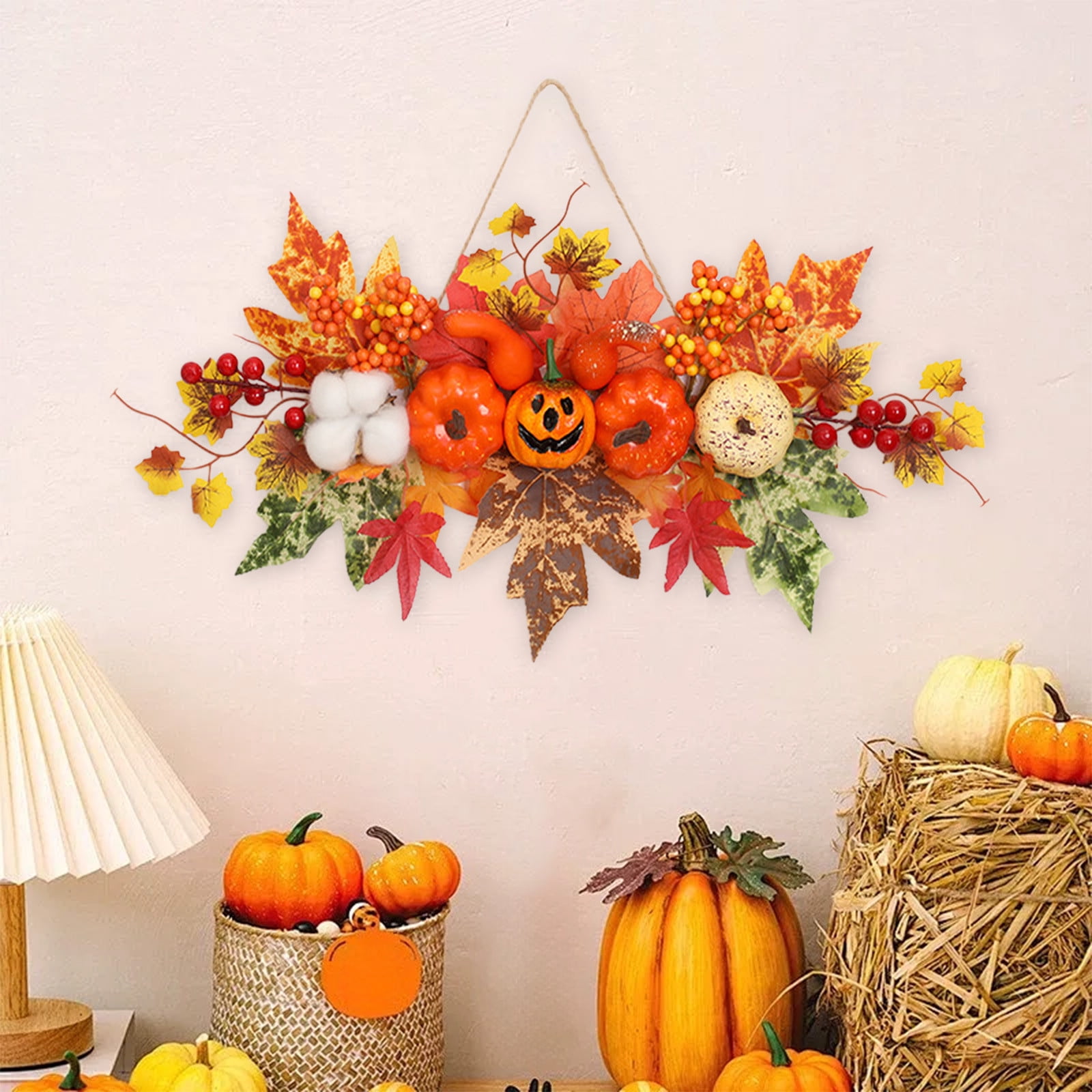 Eoozwa 3 Packs Halloween Pumpkin Wreath with Maple Leaves and Mini ...