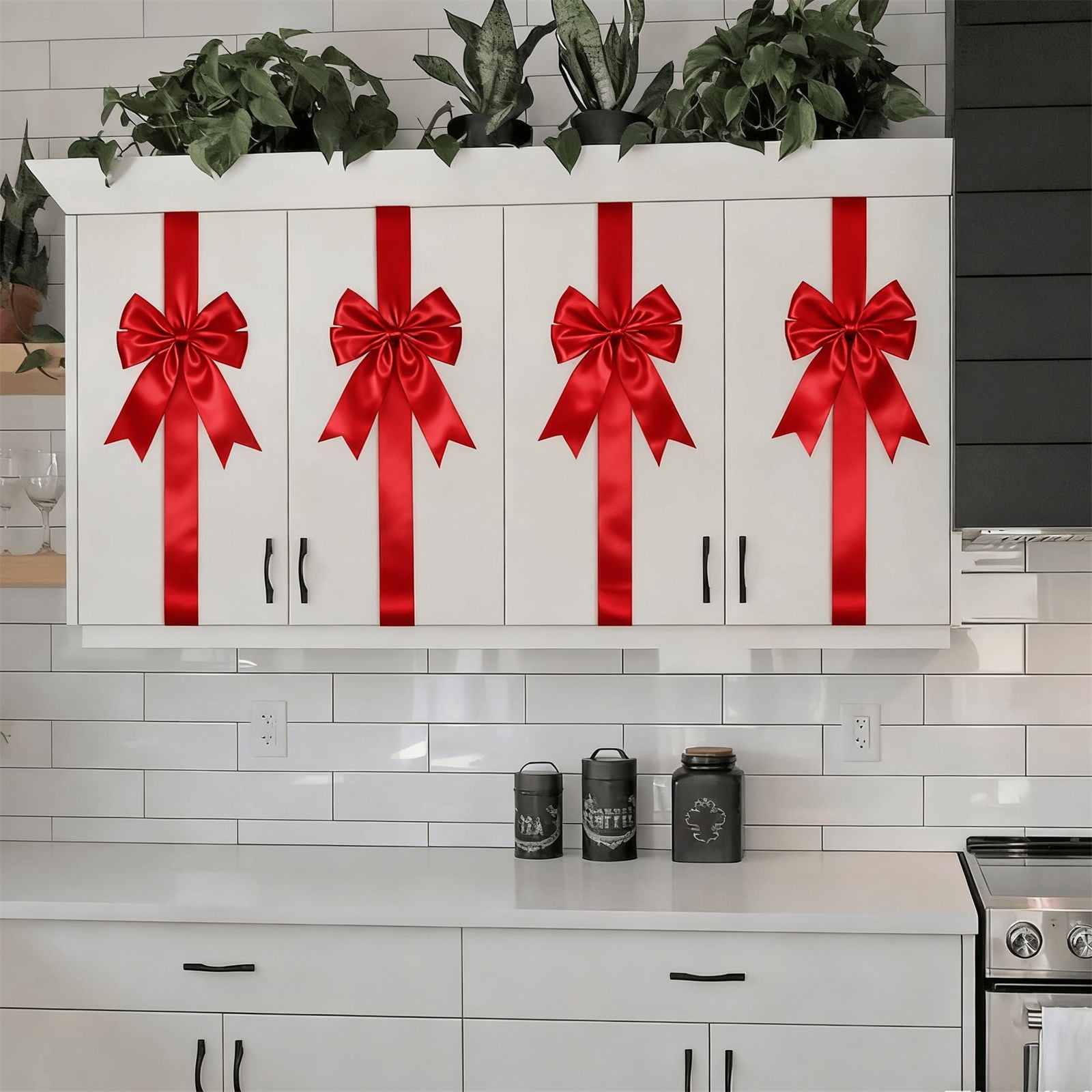 Eoozwa Christmas Cabinet Ribbons Bows for Kitchen 37.4 x 7.9 in Red ...