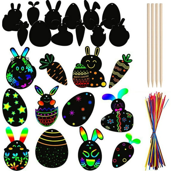 Eoozwa Easter Scratch Paper Art Set 12 Pcs with Ribbon and Wooden Stick ...