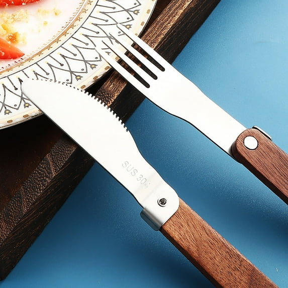 Eoozwa Portable Foldable Cutlery Set 304 Stainless Steel with Wooden ...
