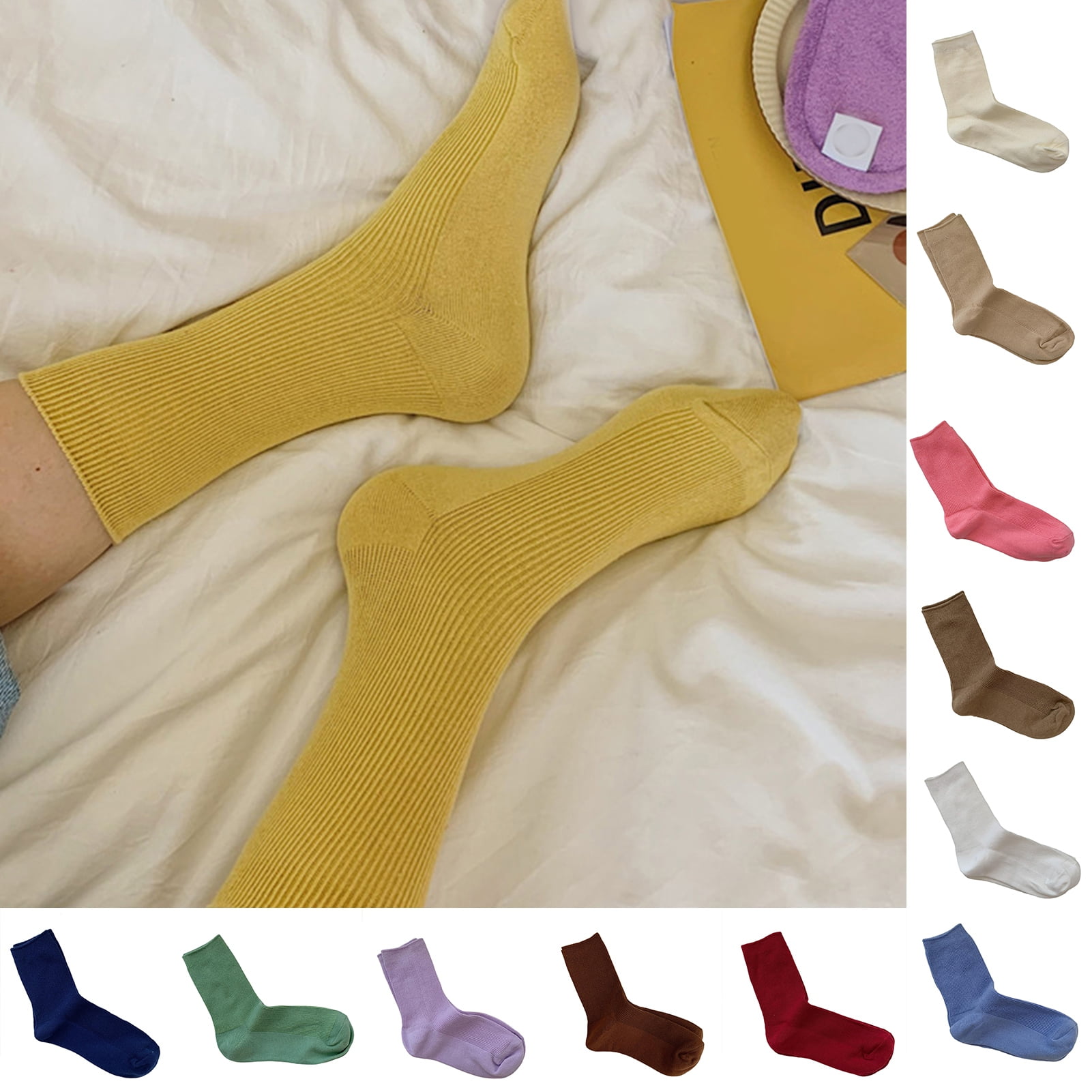 Eoperou 1 Pair Ribbed Mid-tube Elastic Women Socks Simple Casual Solid ...