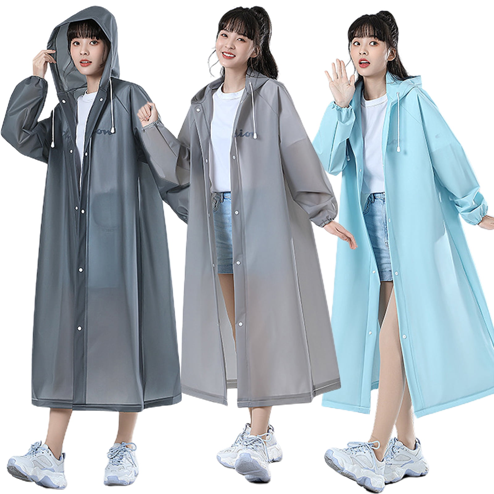 Eoperou Adult Raincoat Hooded Mid-Length Waterproof Long Sleeve Rain ...