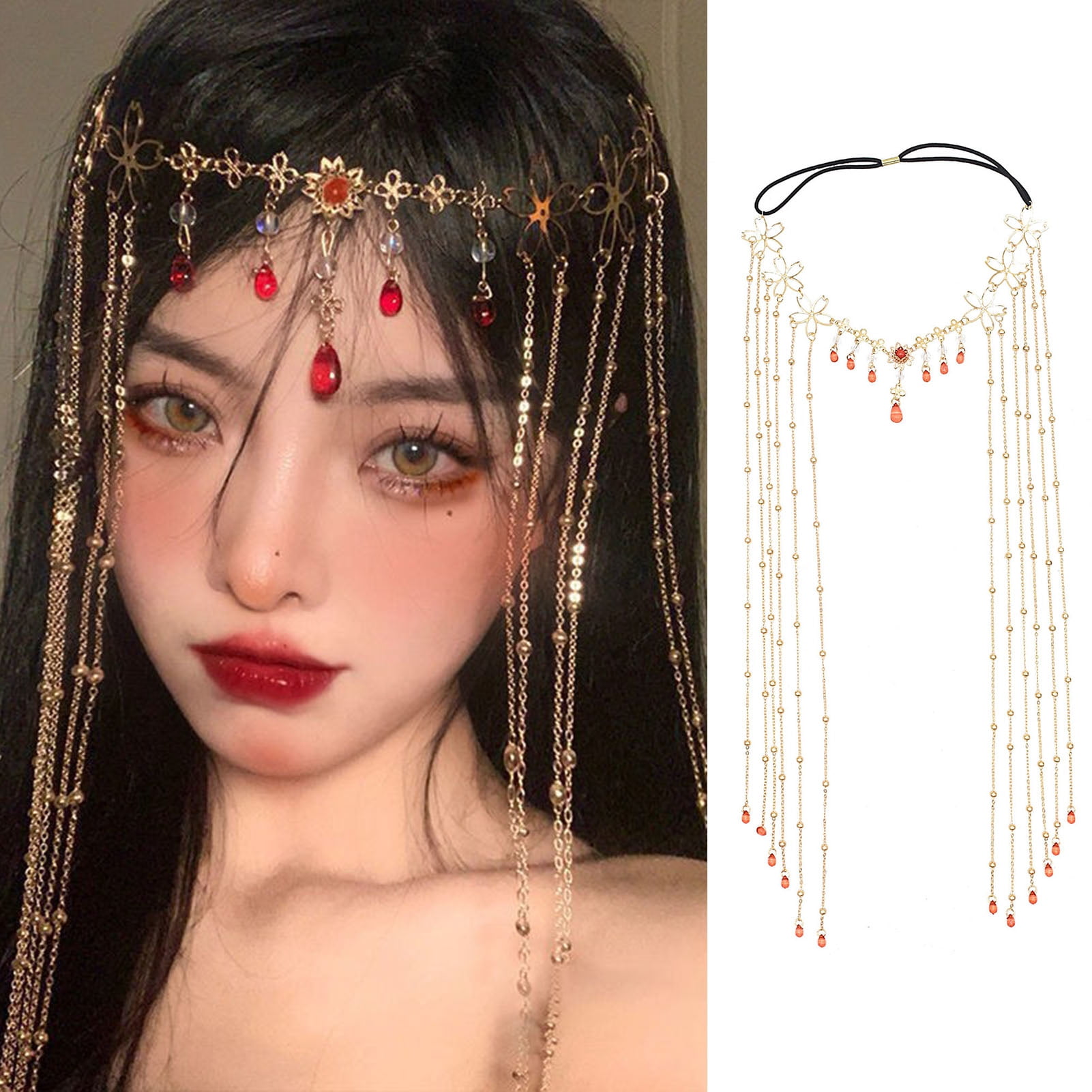 Eoperou Flower Pattern Elastic Rope Forehead Chain Retro Chinese Style ...