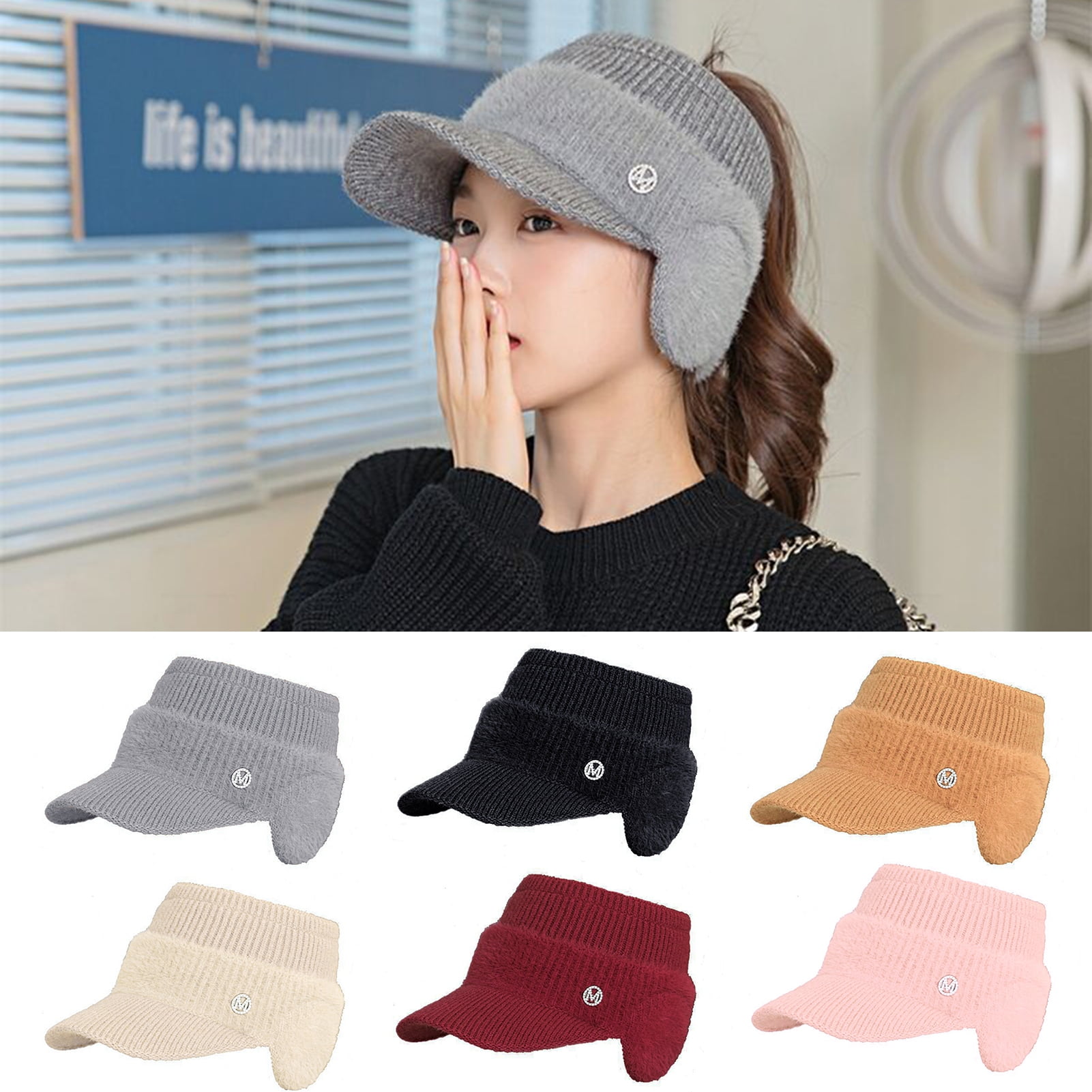Eoperou Women Winter Hat Empty Top Ear Short Brim Thick Plush Knitted ...