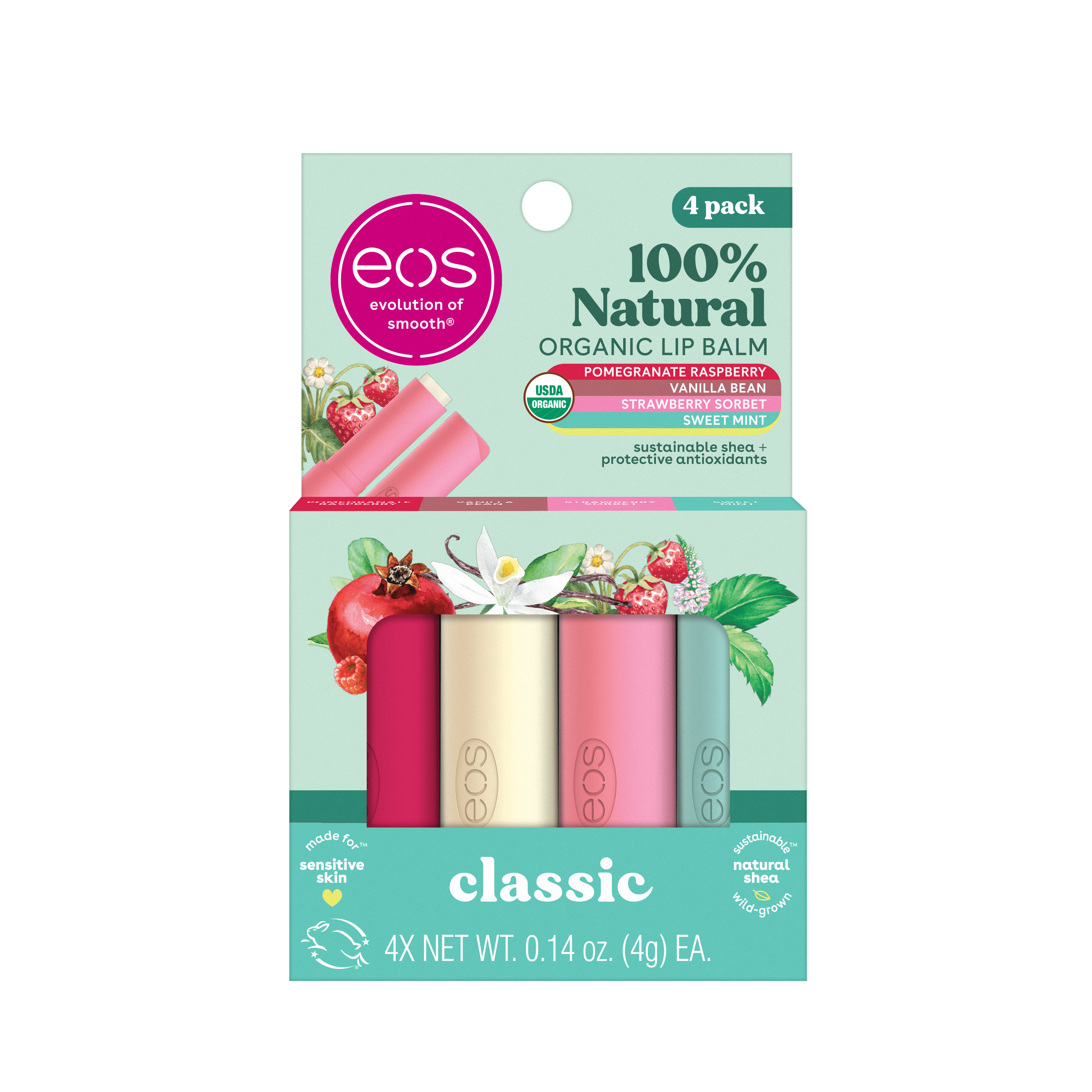 Eos 100% Natural & Organic Lip Balm Sticks- Variety Pack | 0.14 oz | 4 ...