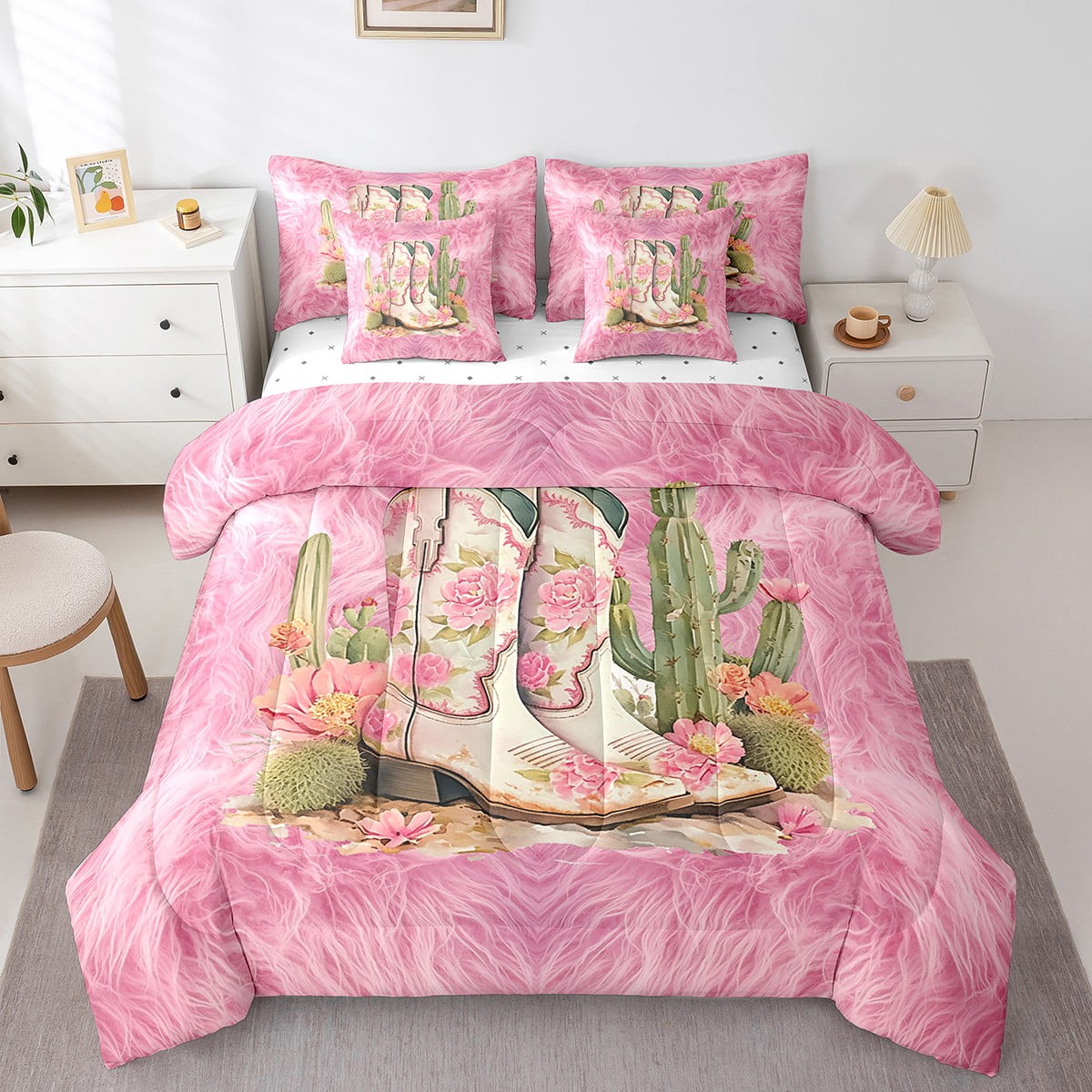 Eosebridal Cowgirl Boots Comforter Set 7 Pieces Queen Size,Western Pink ...