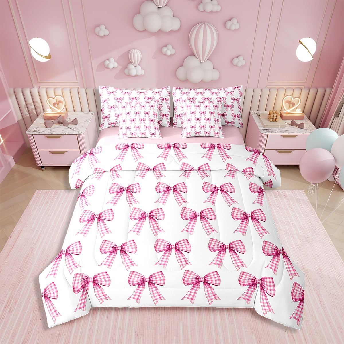 Eosebridal Cute Bowknot Comforter Set 7 Pieces Queen Size,Grid Bow Tie ...