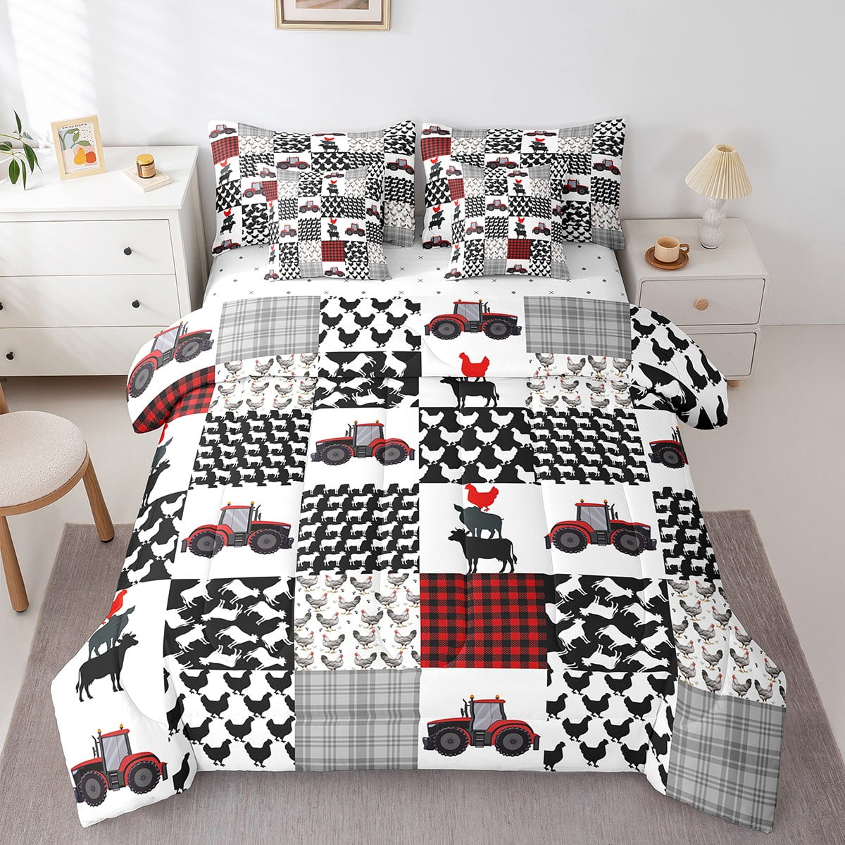 Eosebridal Farmhouse Comforter Set 7 Pieces King Size,Chicken Cow Farm ...