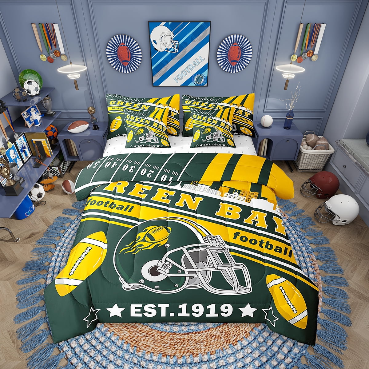Eosebridal Football 7 Pieces Comforter Sets Full Size Green Bay Bedding ...