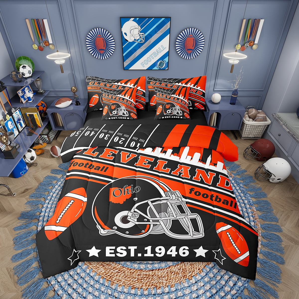 Eosebridal Football 7 Pieces Comforter Sets King Size Cleveland Bedding ...