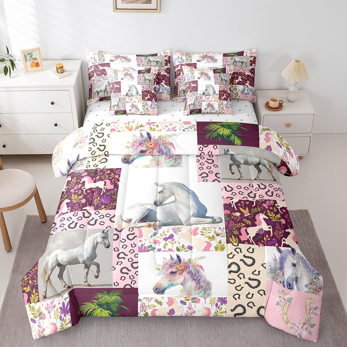 Eosebridal Horse Comforter Set 7 Pieces Full Size,Flral Flower Bedding ...