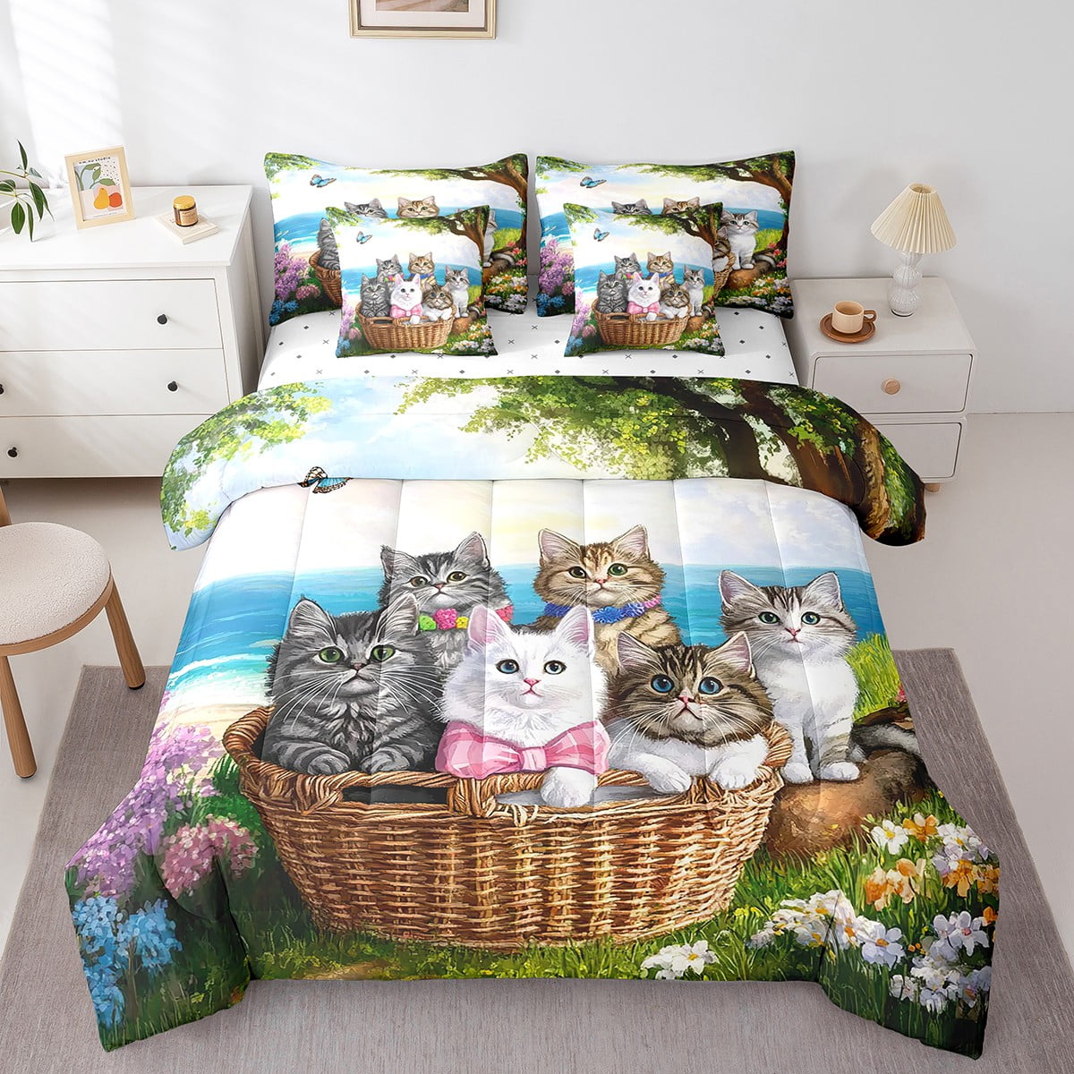Eosebridal Cute Cats Comforter Set 7 Pieces King Size Kawaii Kitten ...